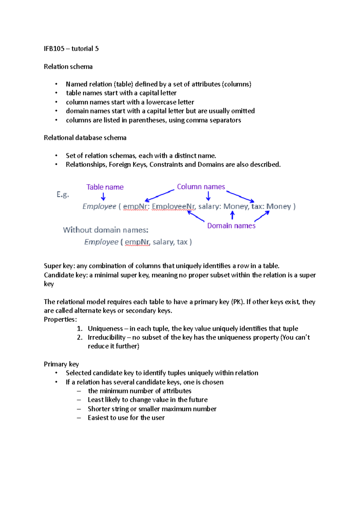 IFB105 - tutorial 5 - detailed tut - IFB105 – tutorial 5 Relation schema Named relation (table ...