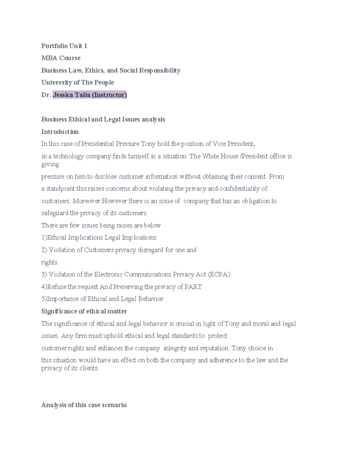 Portfolio 1 business law - Portfolio Unit 1 MBA Course Business Law ...