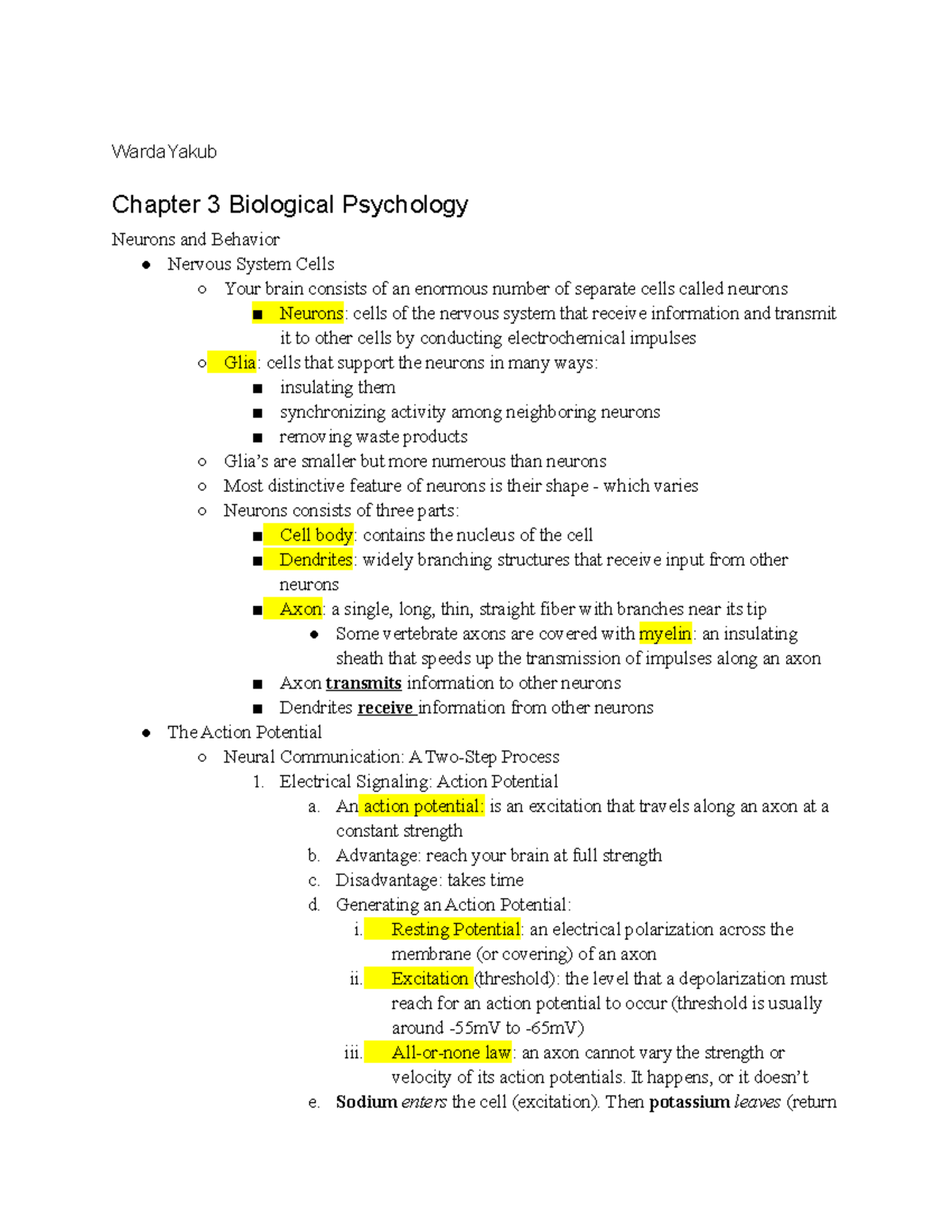 Chapter 3 Notes - WardaYakub Chapter 3 Biological Psychology Neurons ...