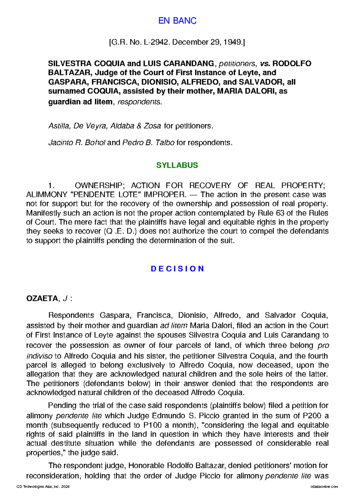 Coquia v. Baltazar - EN BANC [G. No. L-2942. December 29, 1949 ...