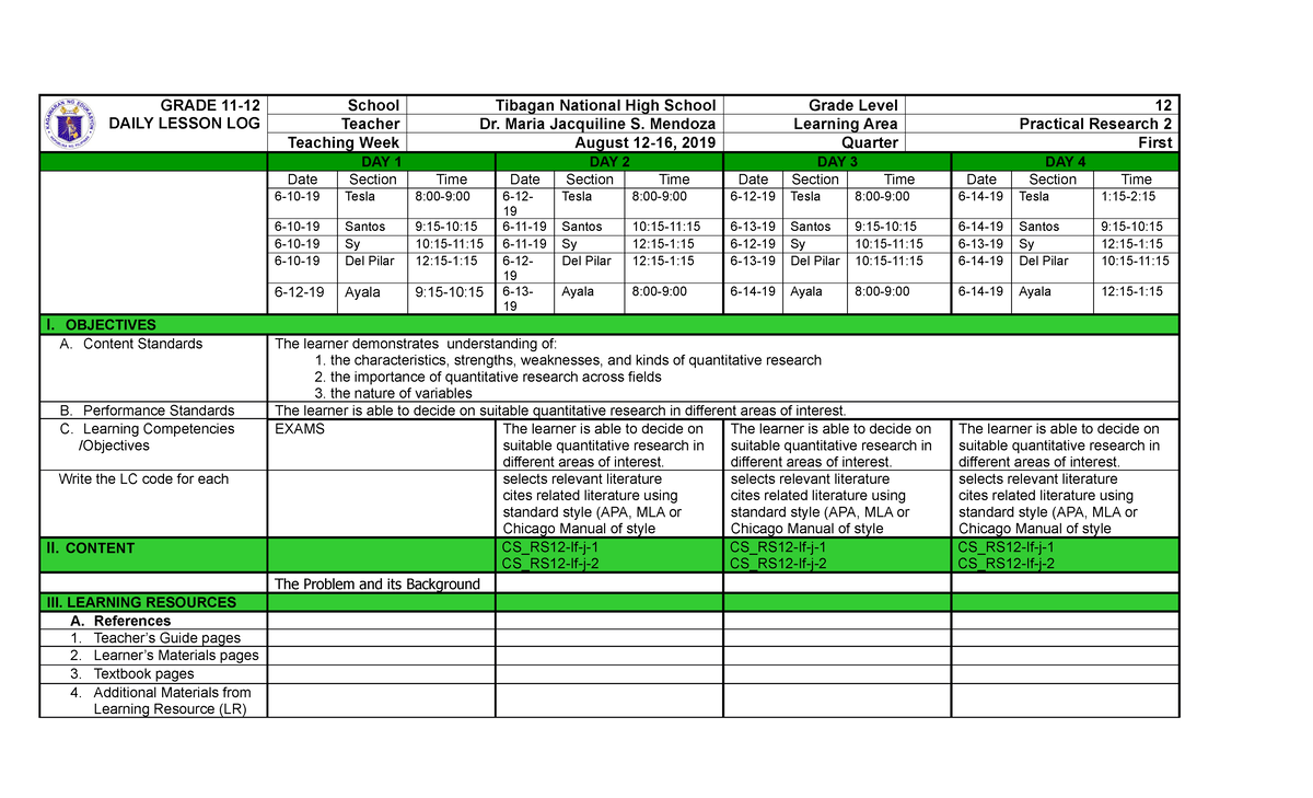 PR2-WEEK-11 - lesson plan - GRADE 11- DAILY LESSON LOG School Tibagan ...