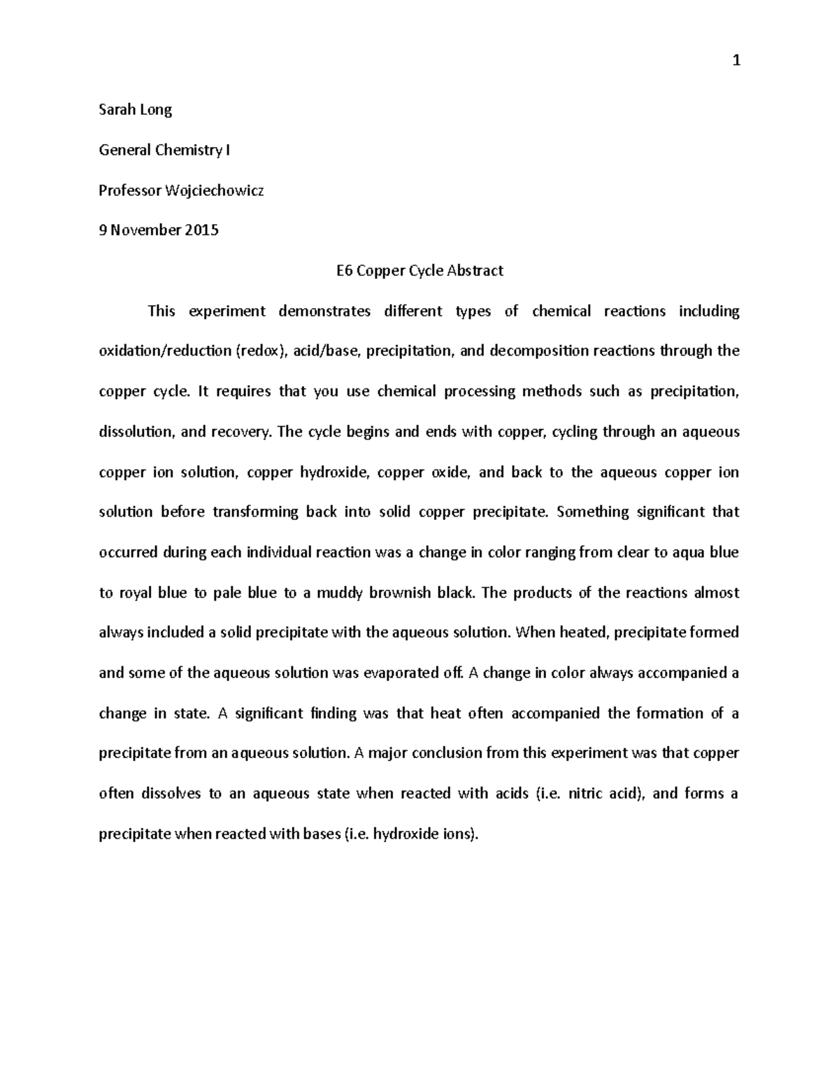 Chemistry 2015-11-9 copper cycle lab abstract - Sarah Long General ...