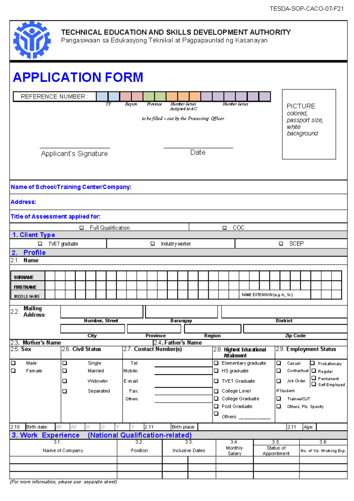 (tesda) revised application form - TESDA-SOP-CACO-07-F TECHNICAL ...