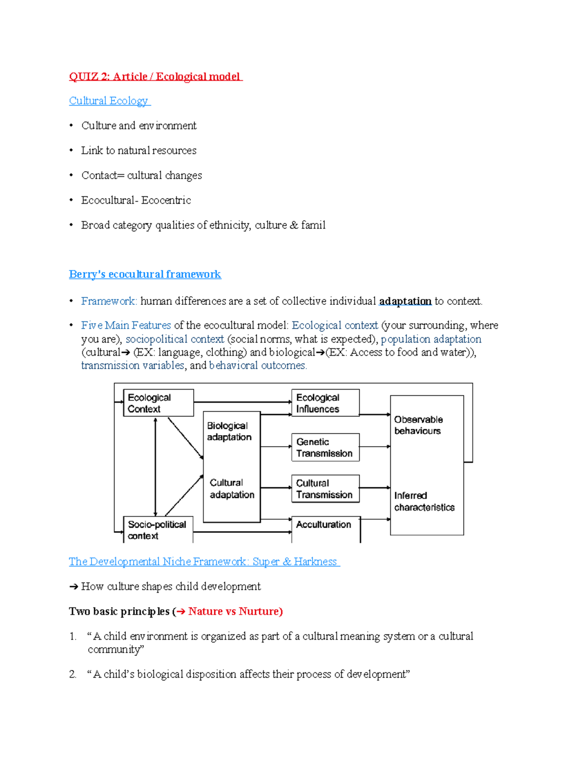 Doc 1 - lesson notes - QUIZ 2: Article / Ecological model Cultural ...