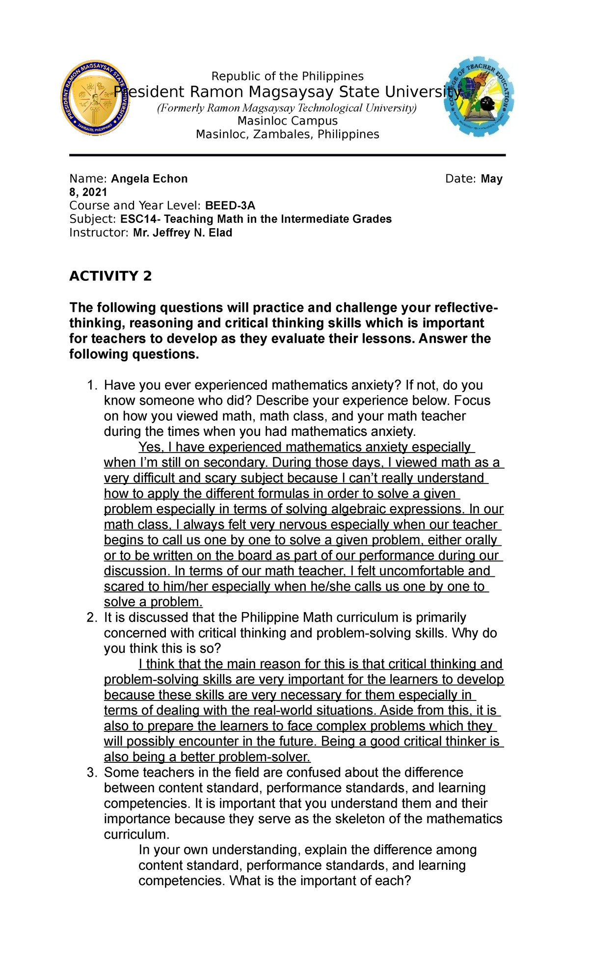 ESC14 BEED3A Angela- Echon Chapter-2- Activity-2 - Republic of the ...