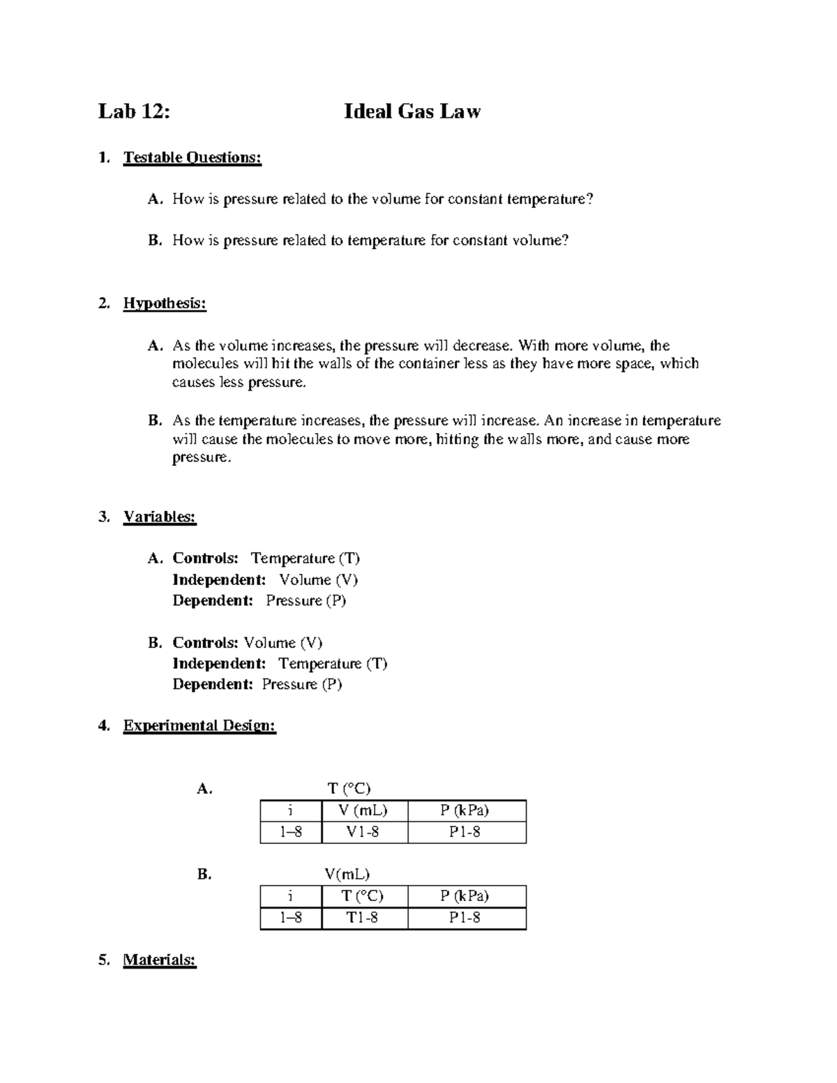 PHY111L Lab 12 Ideal gas law3 - Lab 12 : Ideal Gas Law Testable ...