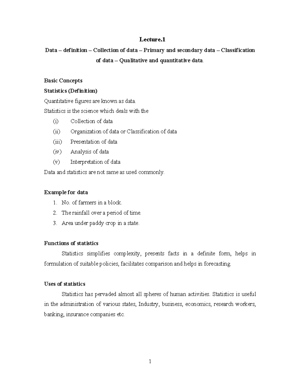 Chapter one: Introduction - Lecture. Data – definition – Collection of ...