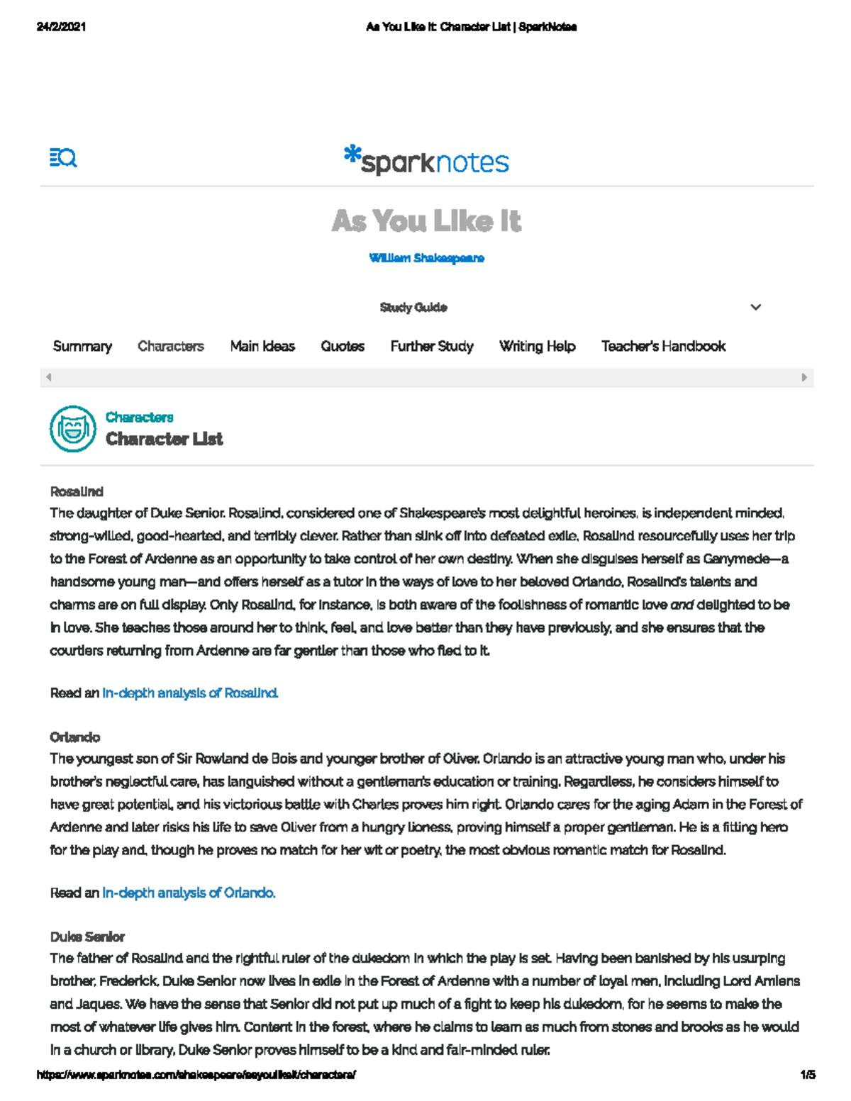 Character List - As You Like IT - Literatura Inglesa I: Ejes de la ...