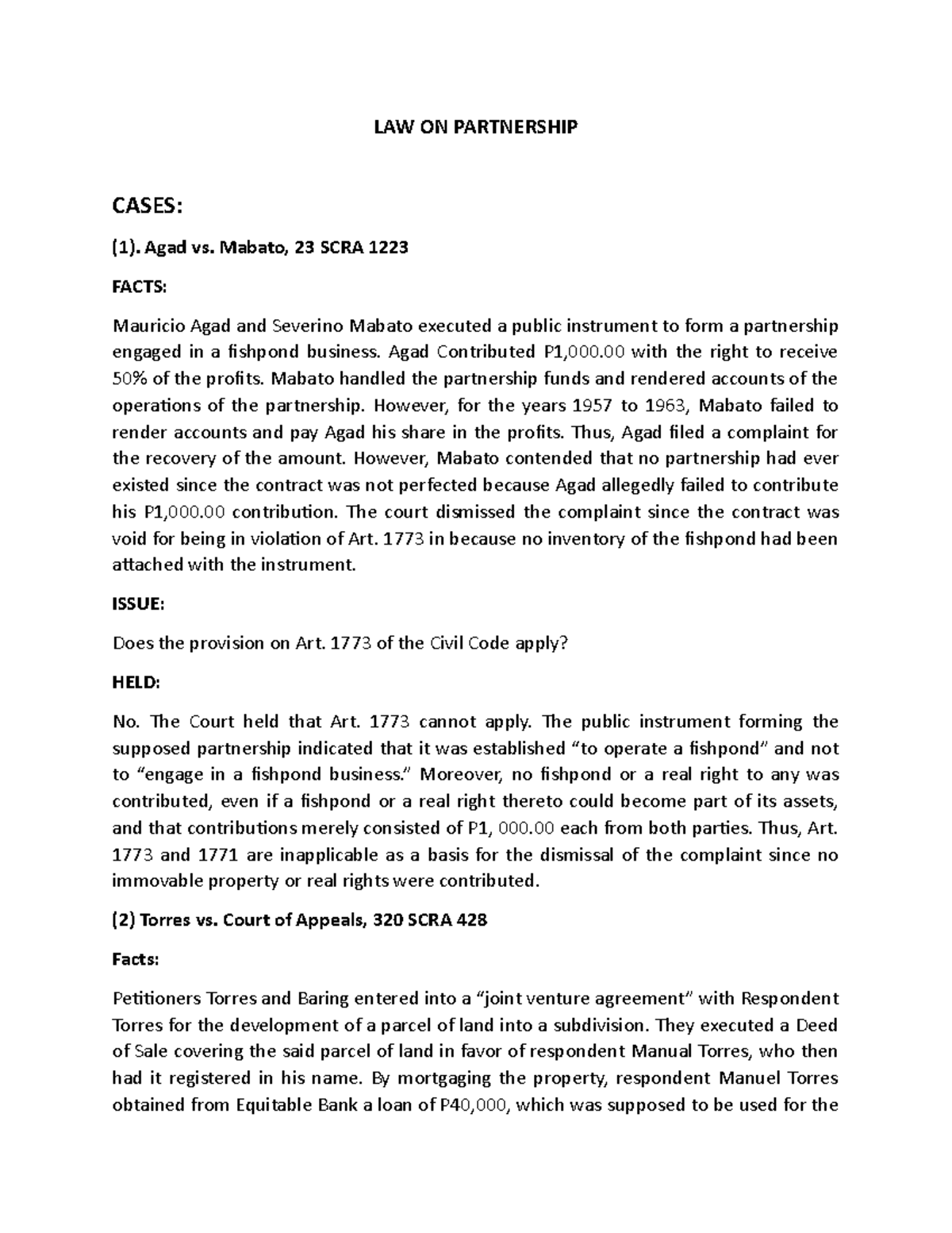 LAW ON Partnership (cases) - LAW ON PARTNERSHIP CASES: (1). Agad vs. Mabato, 23 SCRA 1223 FACTS ...