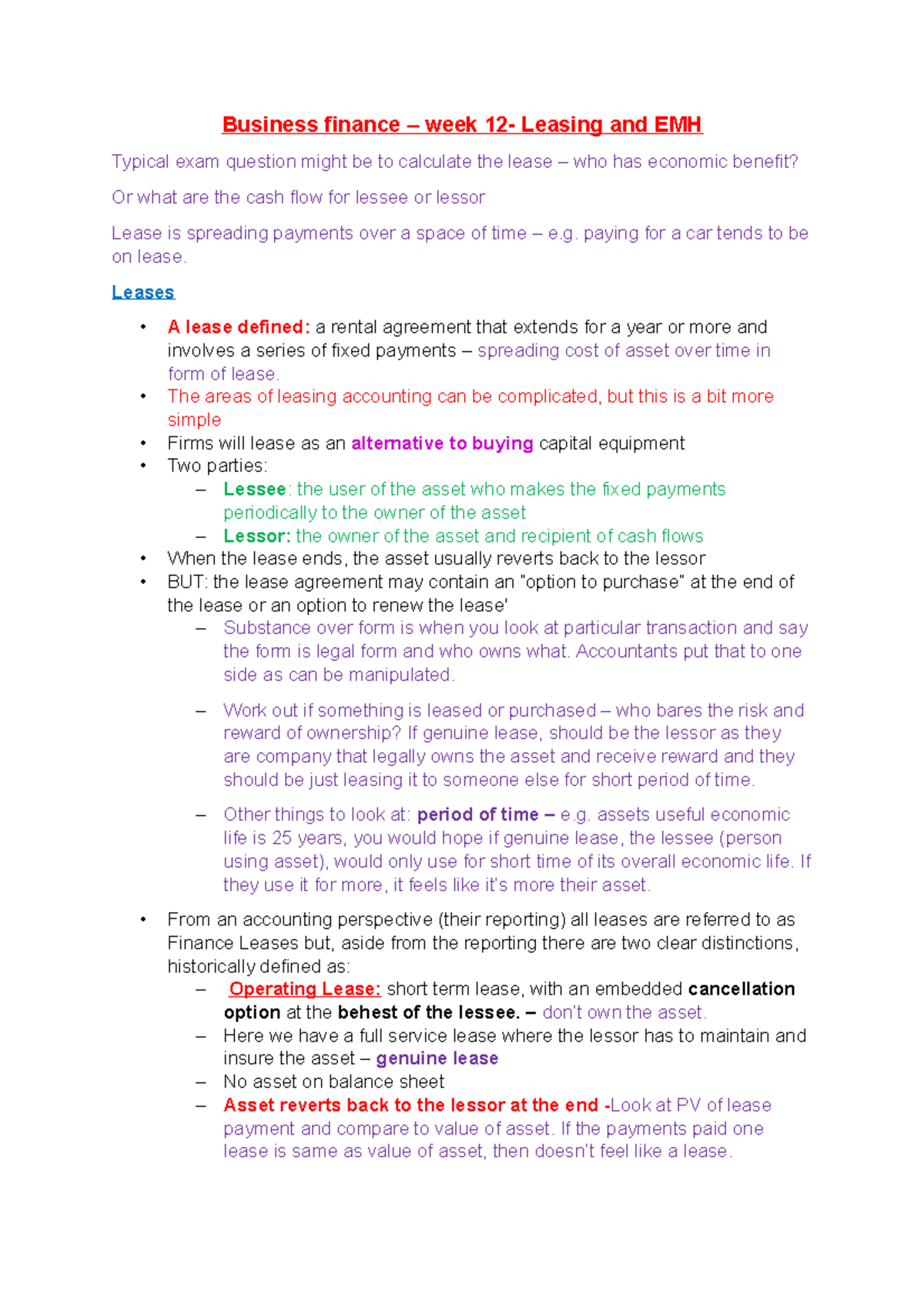 Business finance week 12 notes - Business finance – week 12- Leasing ...
