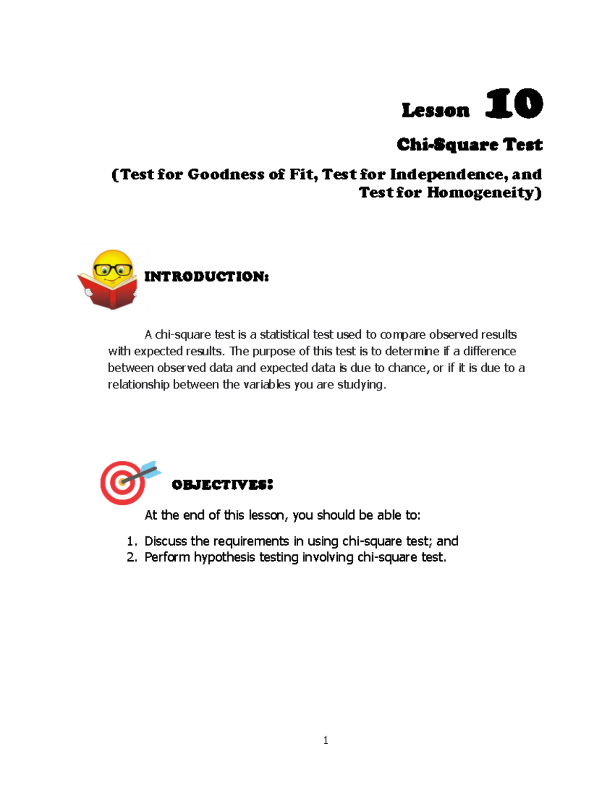 Lesson 10 Chi Square - lecture notes - INTRODUCTION: OBJECTIVES: Lesson ...