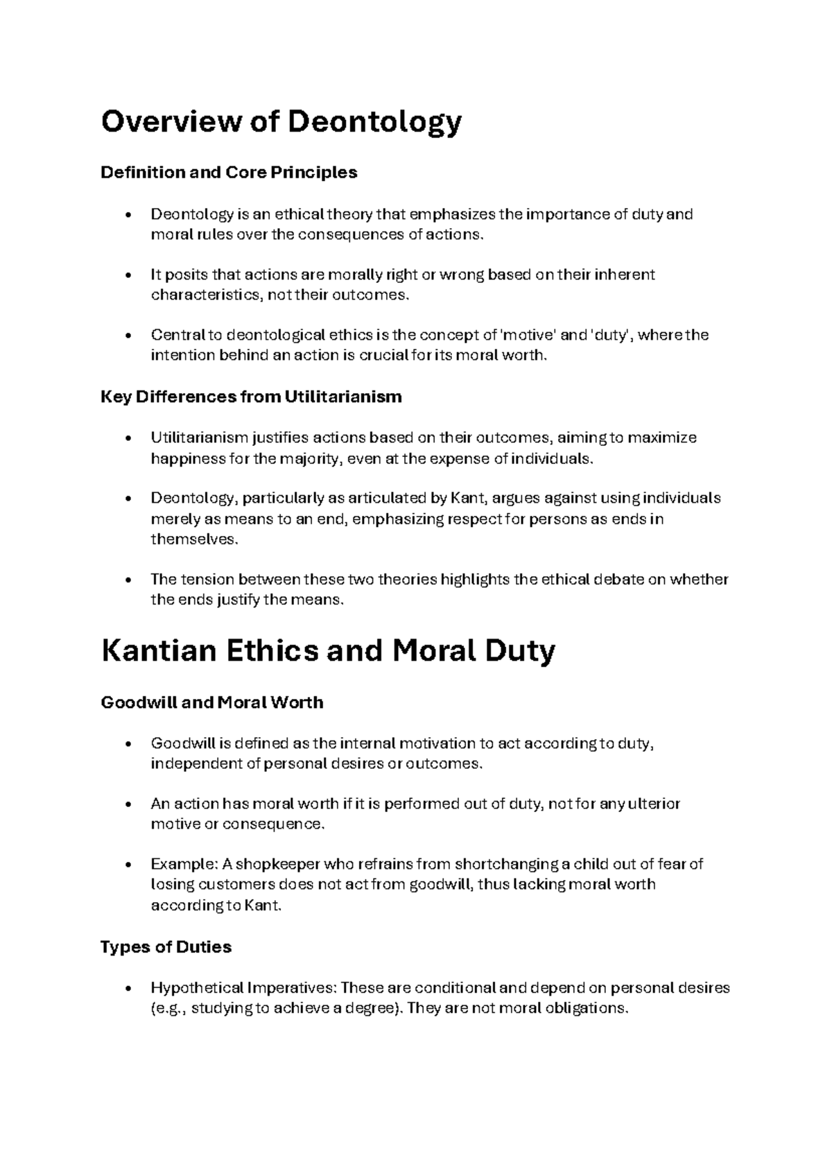 Deontology notes - Overview of Deontology Definition and Core ...