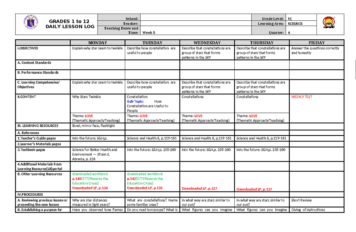 Grade 6 DLL Science 6 Q4 Week 5 - GRADES 1 to 12 DAILY LESSON LOG School: Grade Level: VI ...