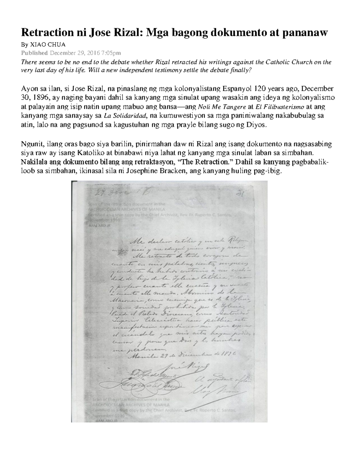 Retraction ni Jose Rizal - Will a new independent testimony settle the ...