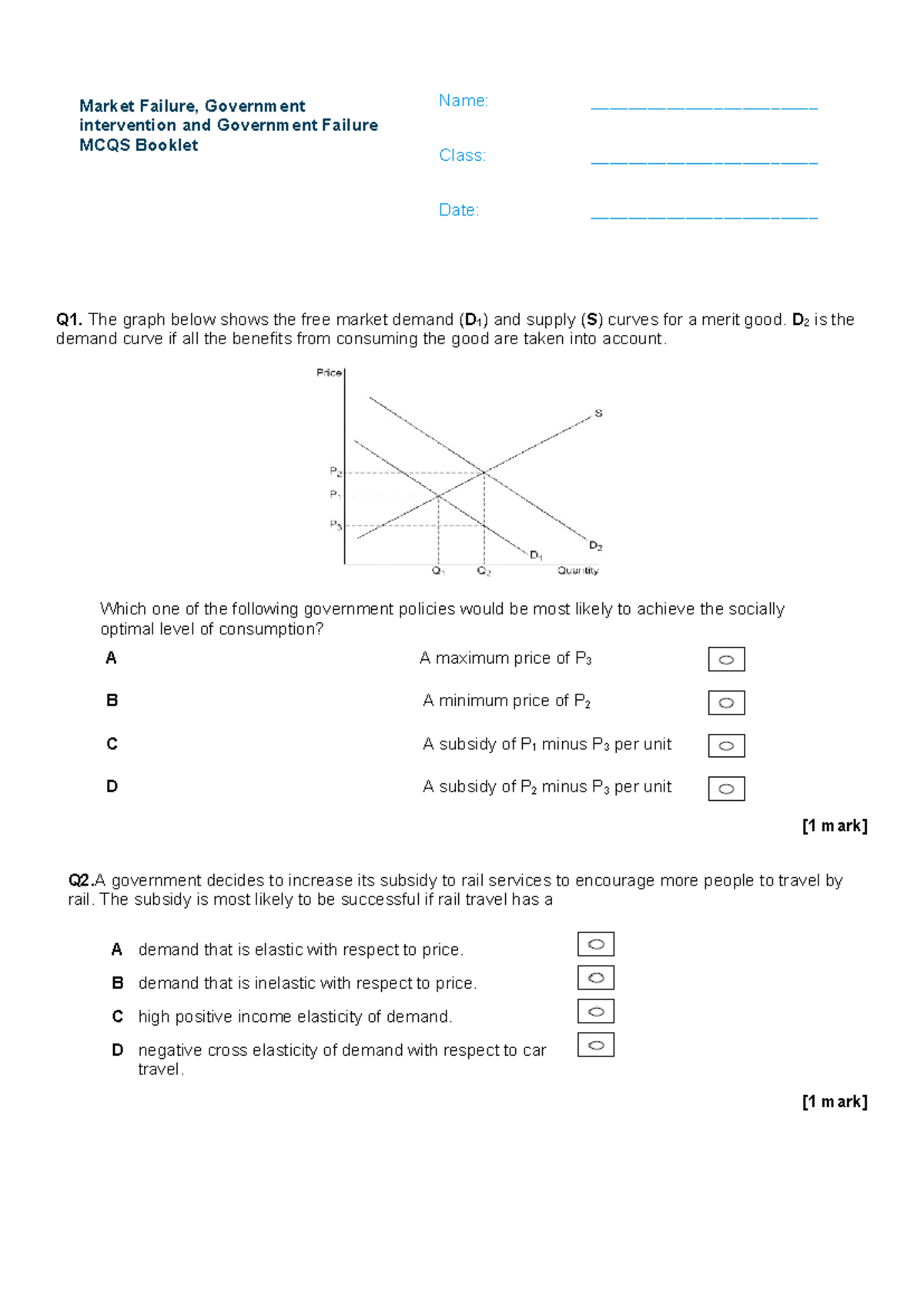 Market Failure-Government Intervention-Government Failure MCQS Booklet - Market Failure ...