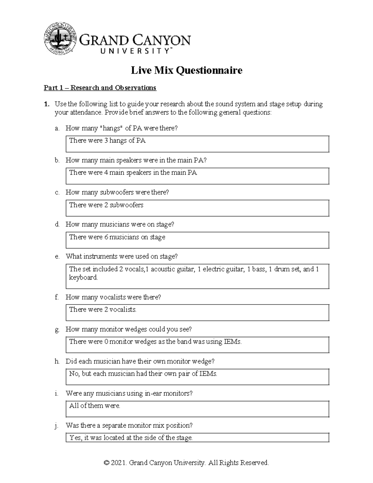 WSA 425 RS T08Benchmark Live Mix Questionaire - Live Mix Questionnaire ...