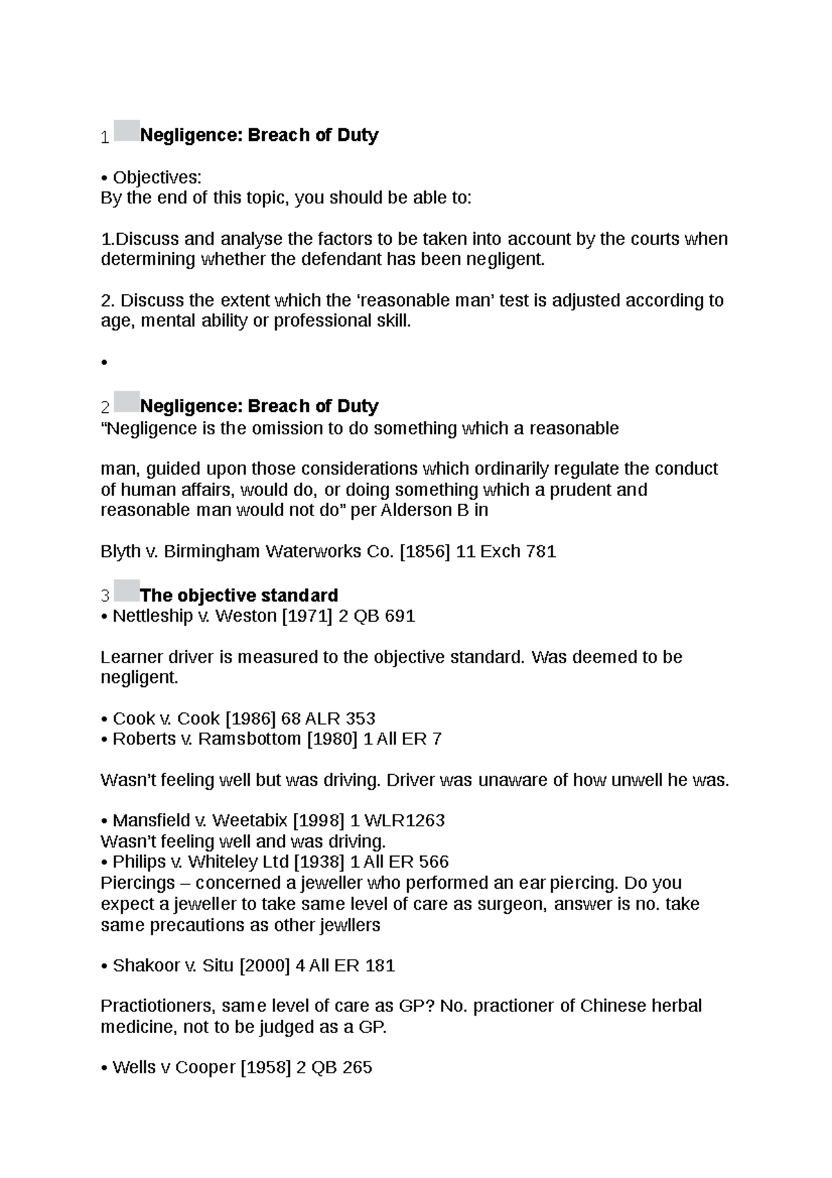 Neg breach of duty - detailed notes about negligence - 1 Negligence ...