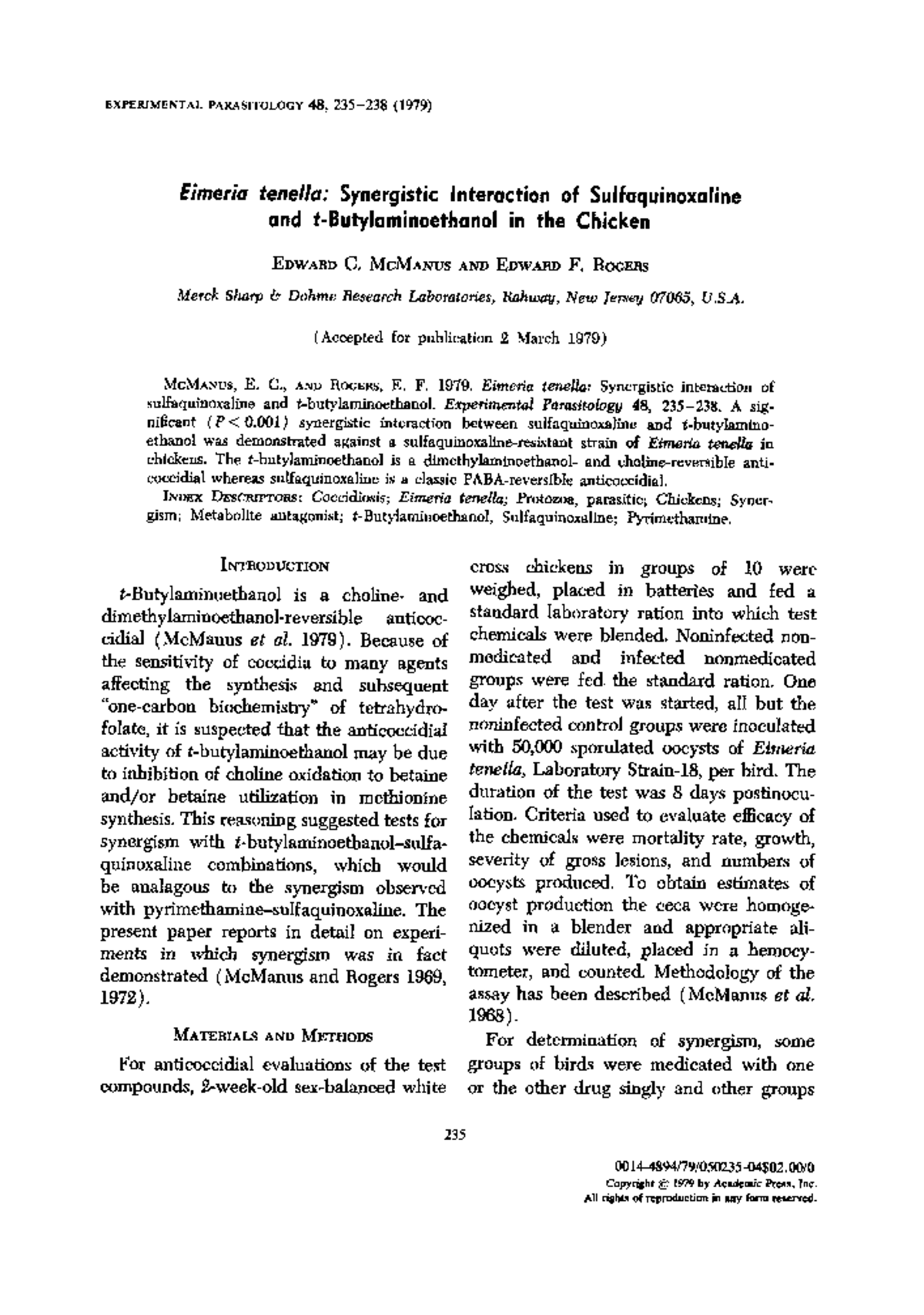 Eimeria tenella Synergistic interaction - EXPERIMENTAL PARASITOLOGY 48 ...