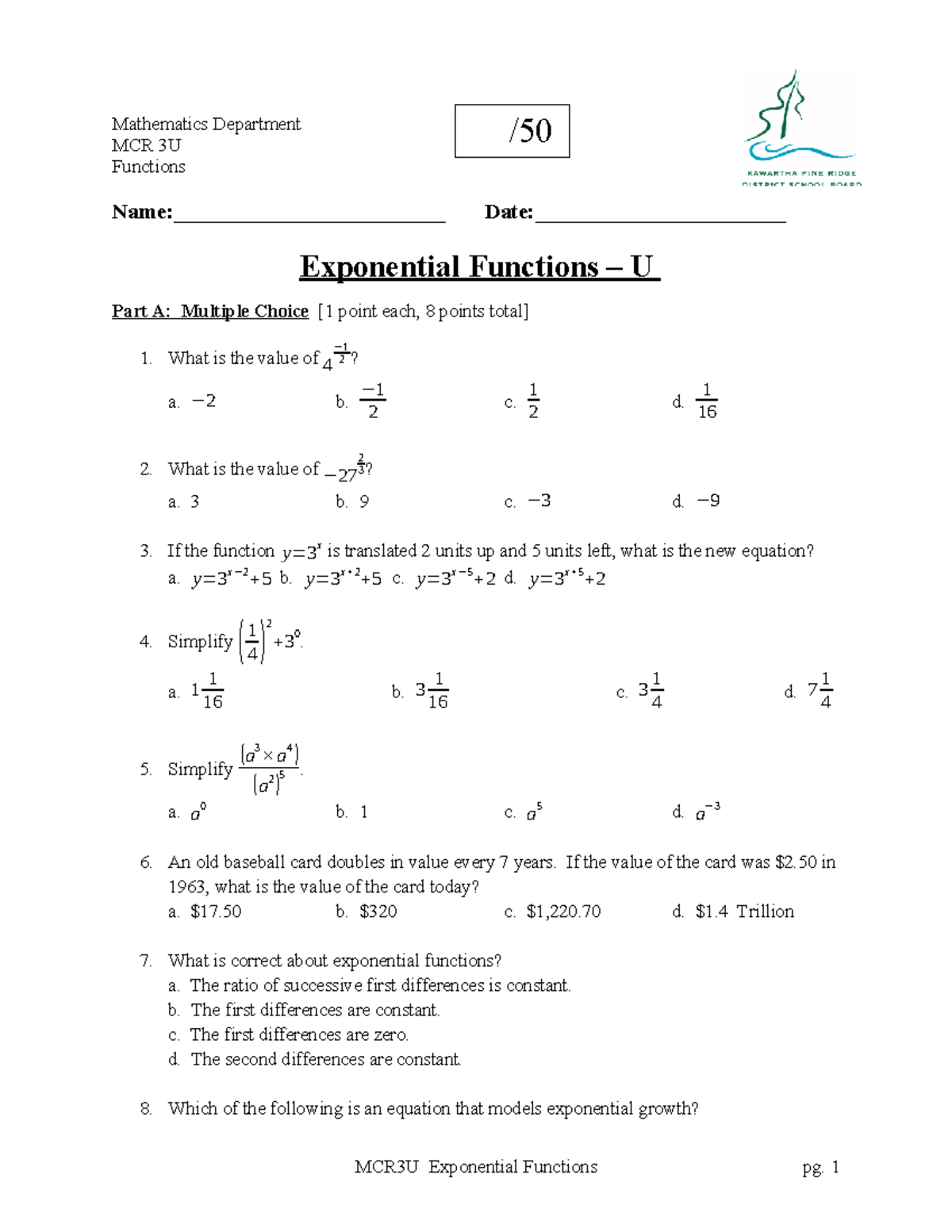 Culminating Review Exponential Functions - Mathematics Department MCR ...