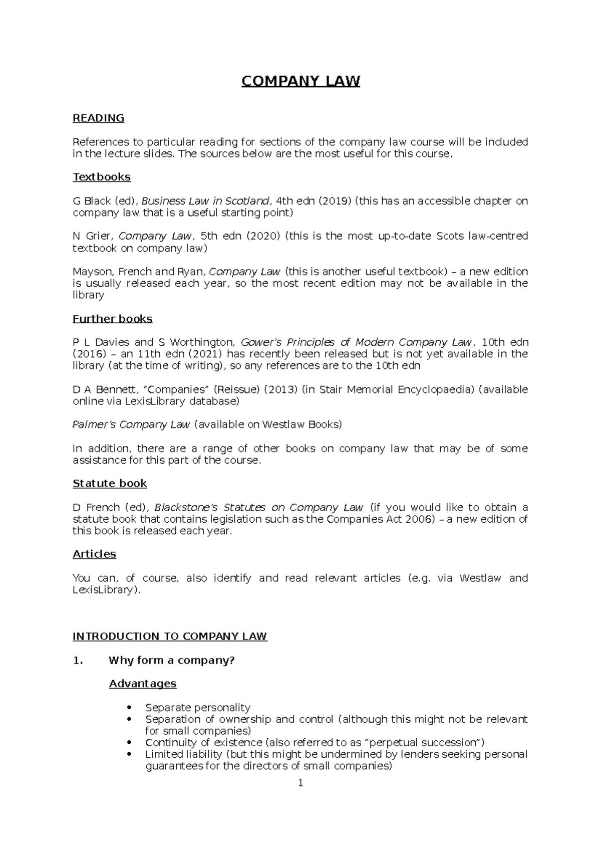 Company Law - Handout - all notes - COMPANY LAW READING References to ...