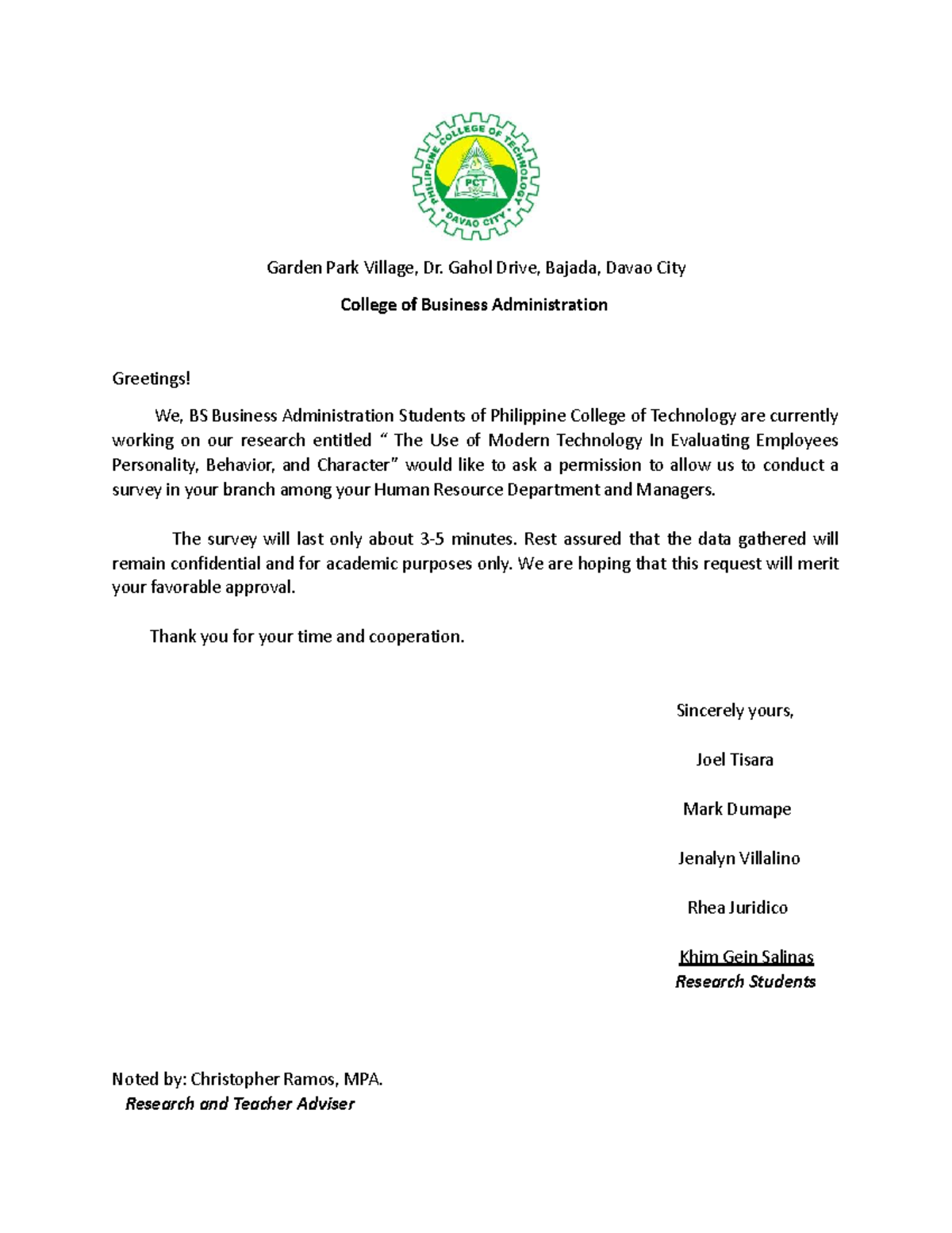 Permission letter for research - Garden Park Village, Dr. Gahol Drive ...