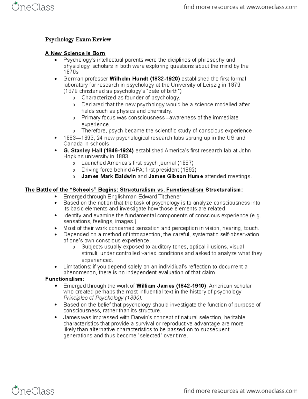 PS101 Final Exam Review - Psychology Exam Review A New Science is Born ...