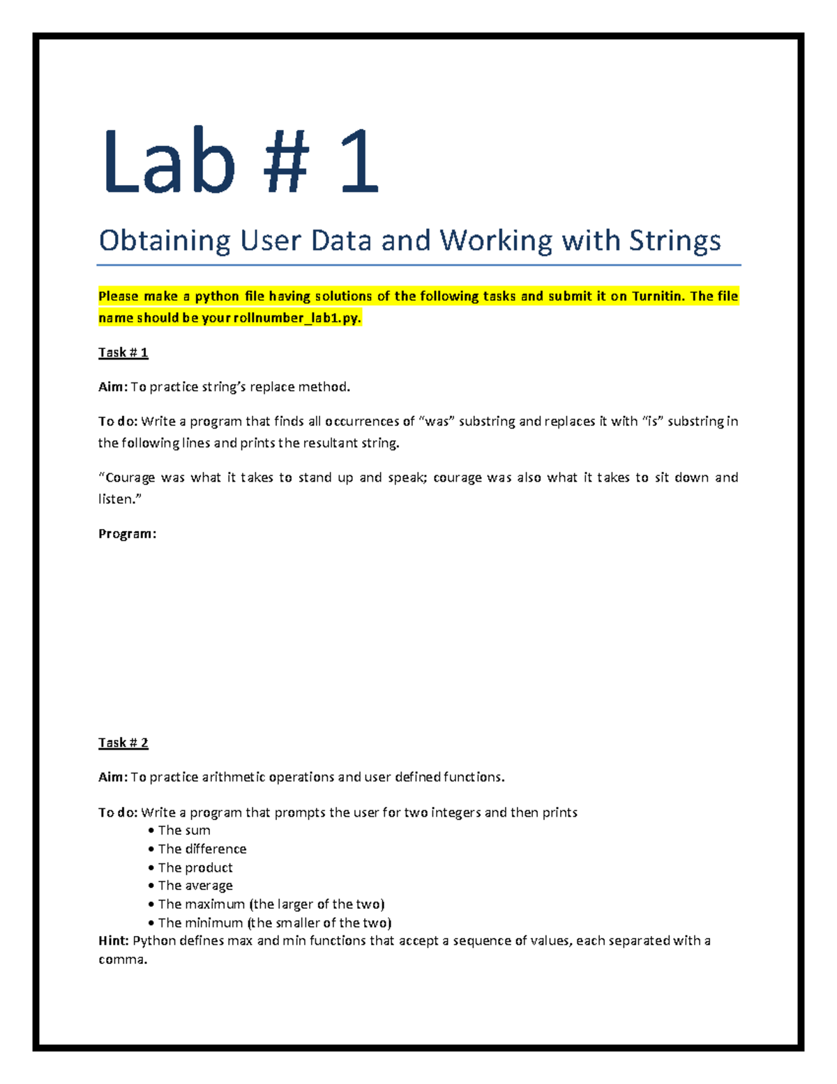5. p1 lab1 - Lab # 1 Obtaining User Data and Working with Strings Please make a python file ...