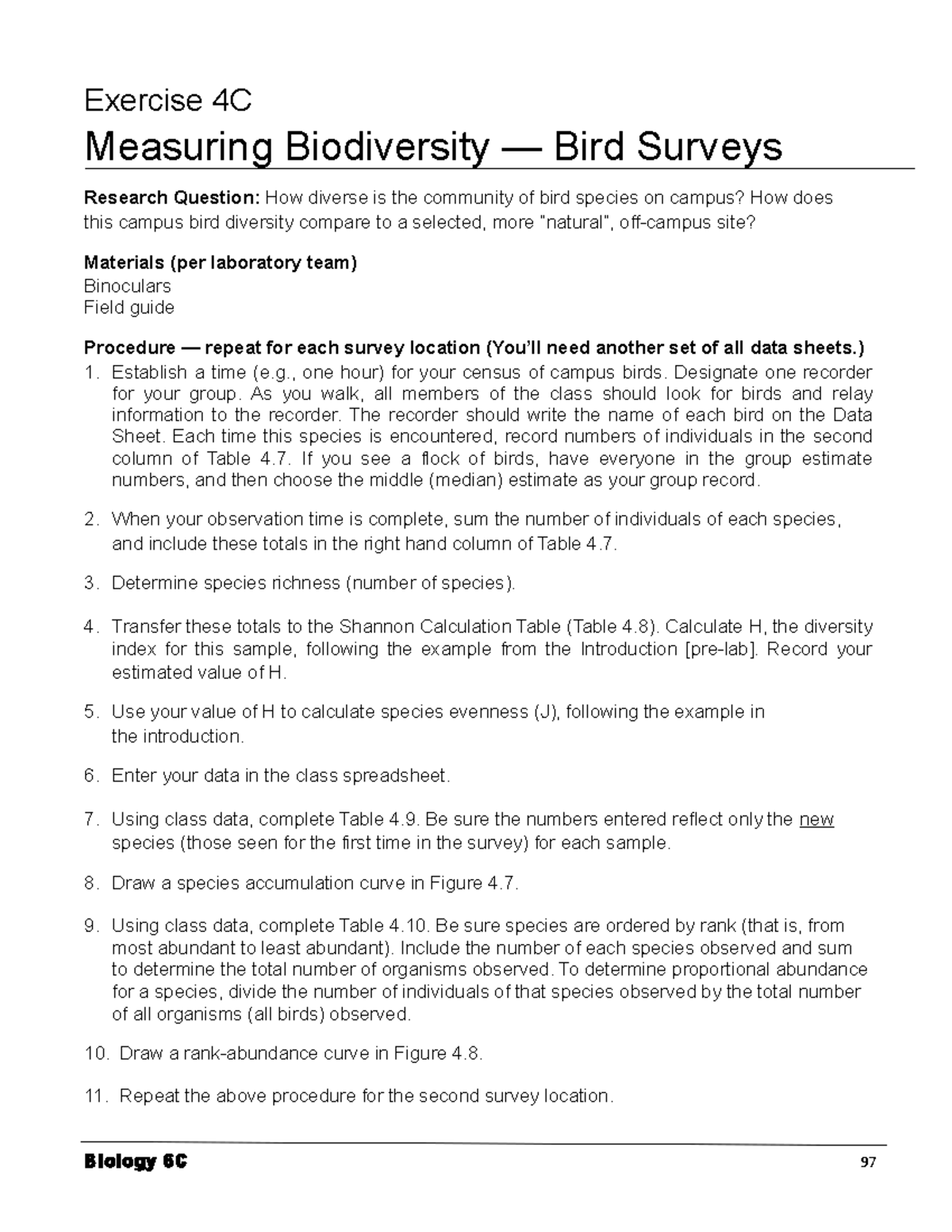 4c Measuring Biodiversity-Birds - Exercise 4C Measuring Biodiversity ...