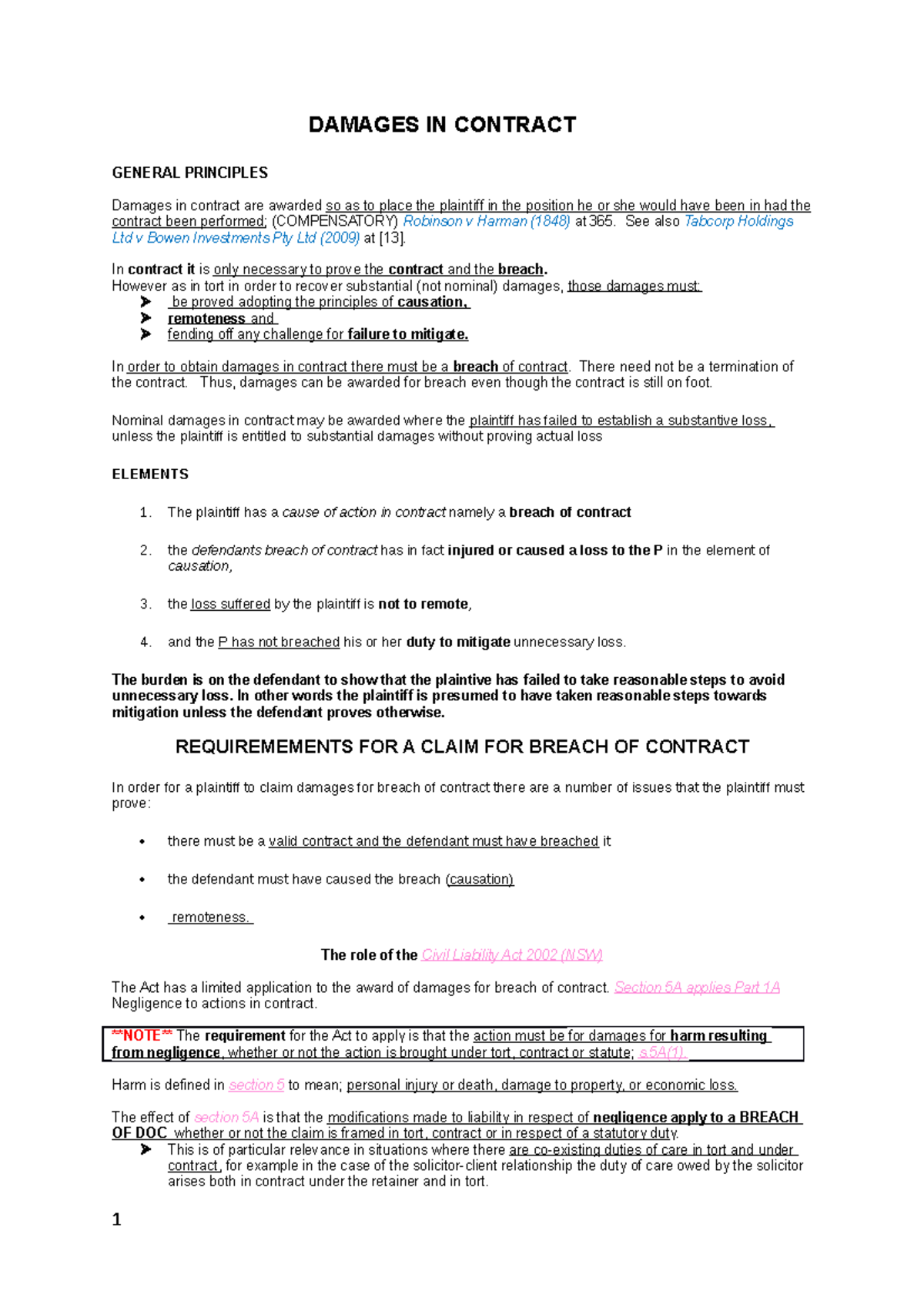 Damages IN Contract (Remedies) - DAMAGES IN CONTRACT GENERAL PRINCIPLES ...