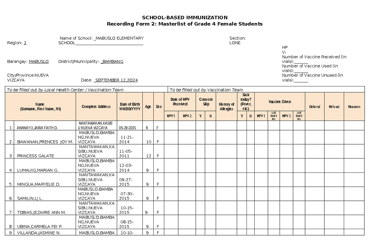 Mabuslo es Recording Form Grade 4 - SCHOOL-BASED IMMUNIZATION Recording ...