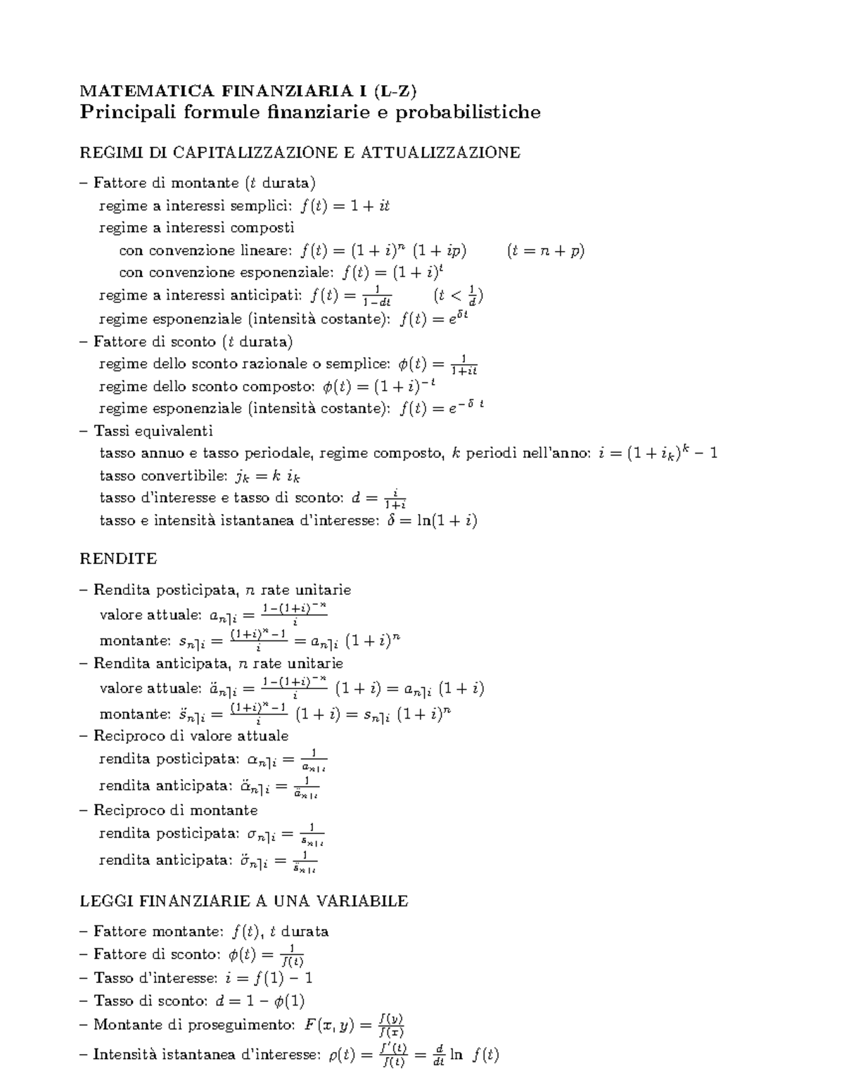 Formule - MATEMATICA FINANZIARIA I (L-Z) Principali formule finanziarie ...