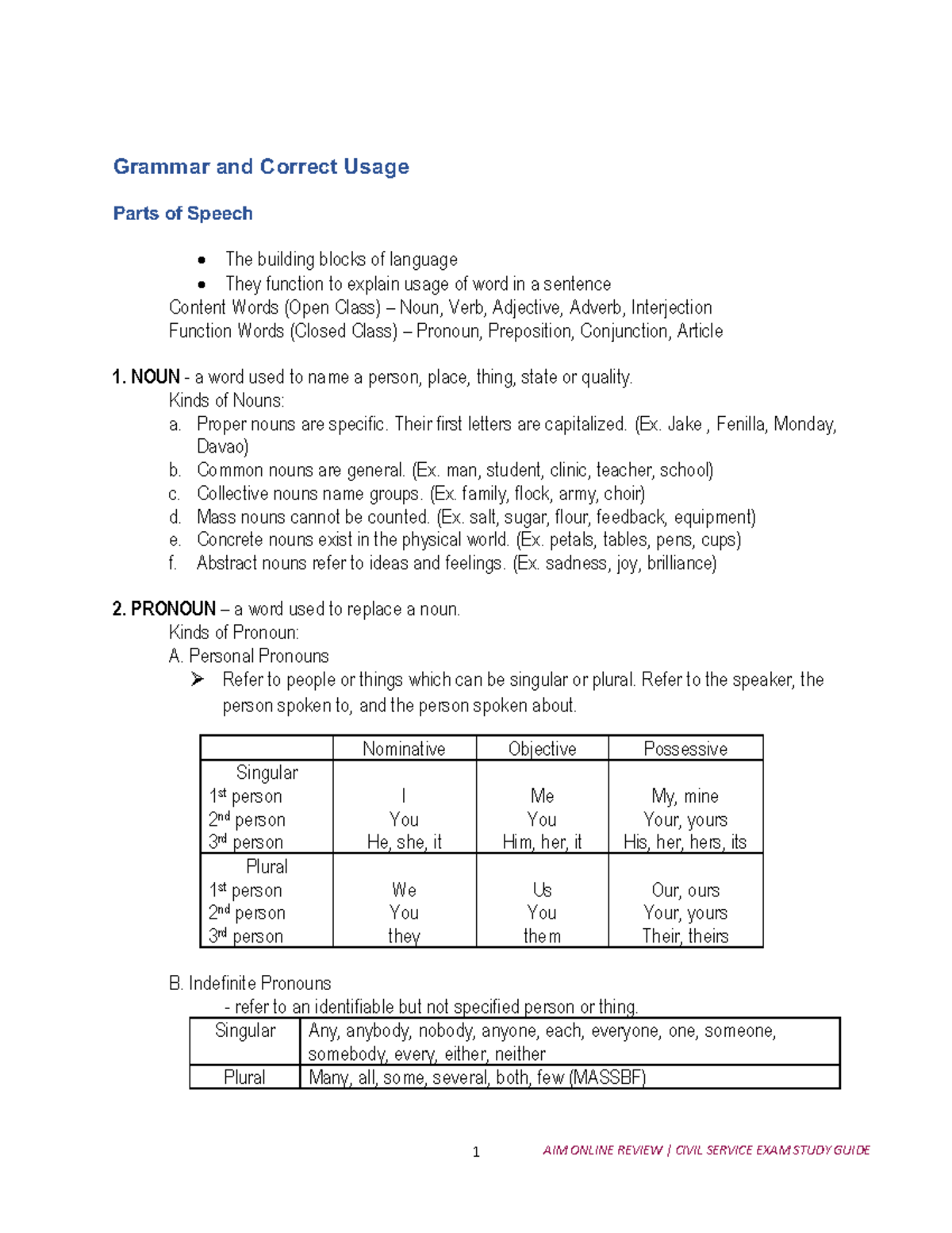 Notes - Grammar and Correct Usage - Grammar and Correct Usage Parts of ...