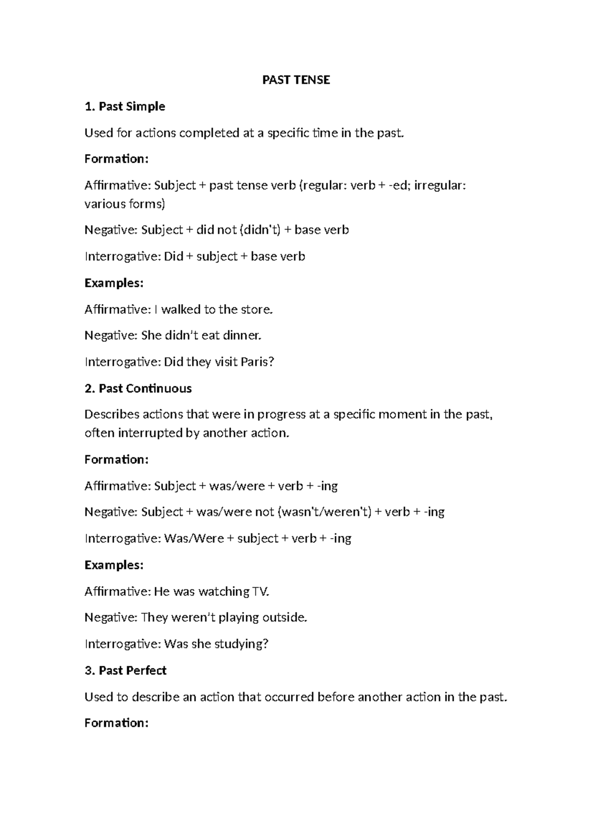PAST Tense - PAST TENSE Past Simple Used for actions completed at a ...