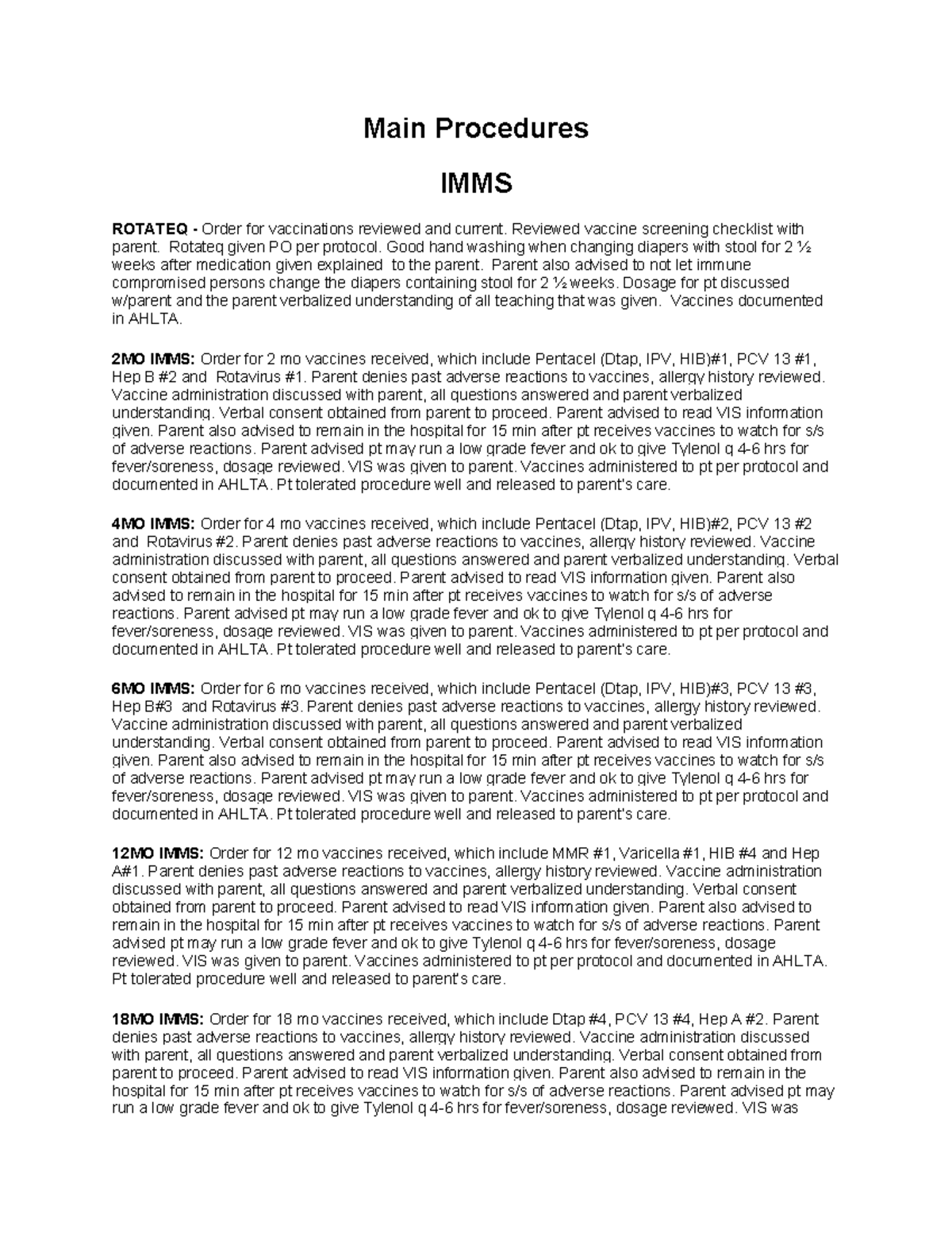 Chart Notes - Main Procedures IMMS ROTATEQ - Order for vaccinations ...