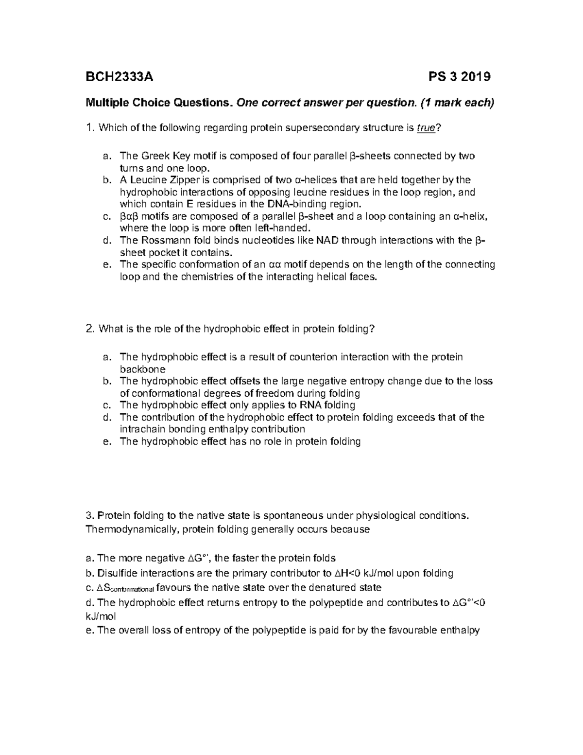 Ps 3 Practice Set 3 Bch2333a Ps 3 2019 Multiple Choice Questions