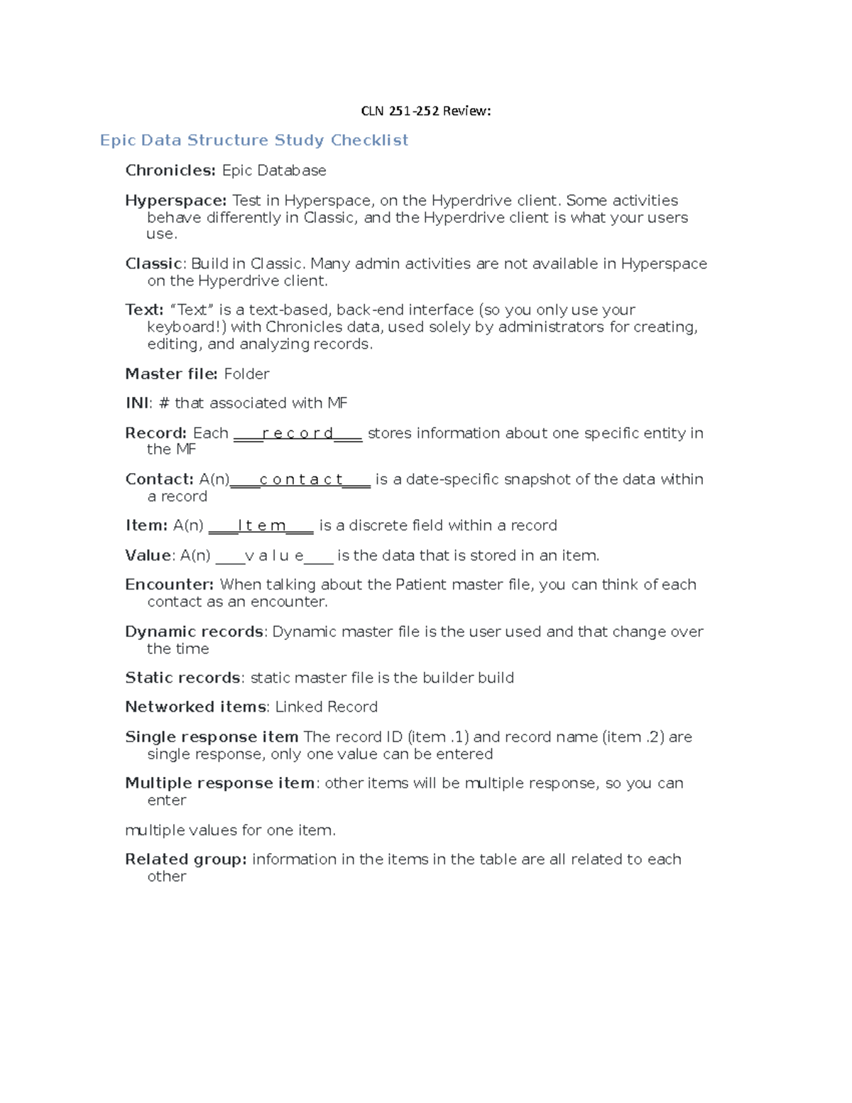 CLN 251 - CLN STUDY - CLN 251-252 Review: Epic Data Structure Study ...