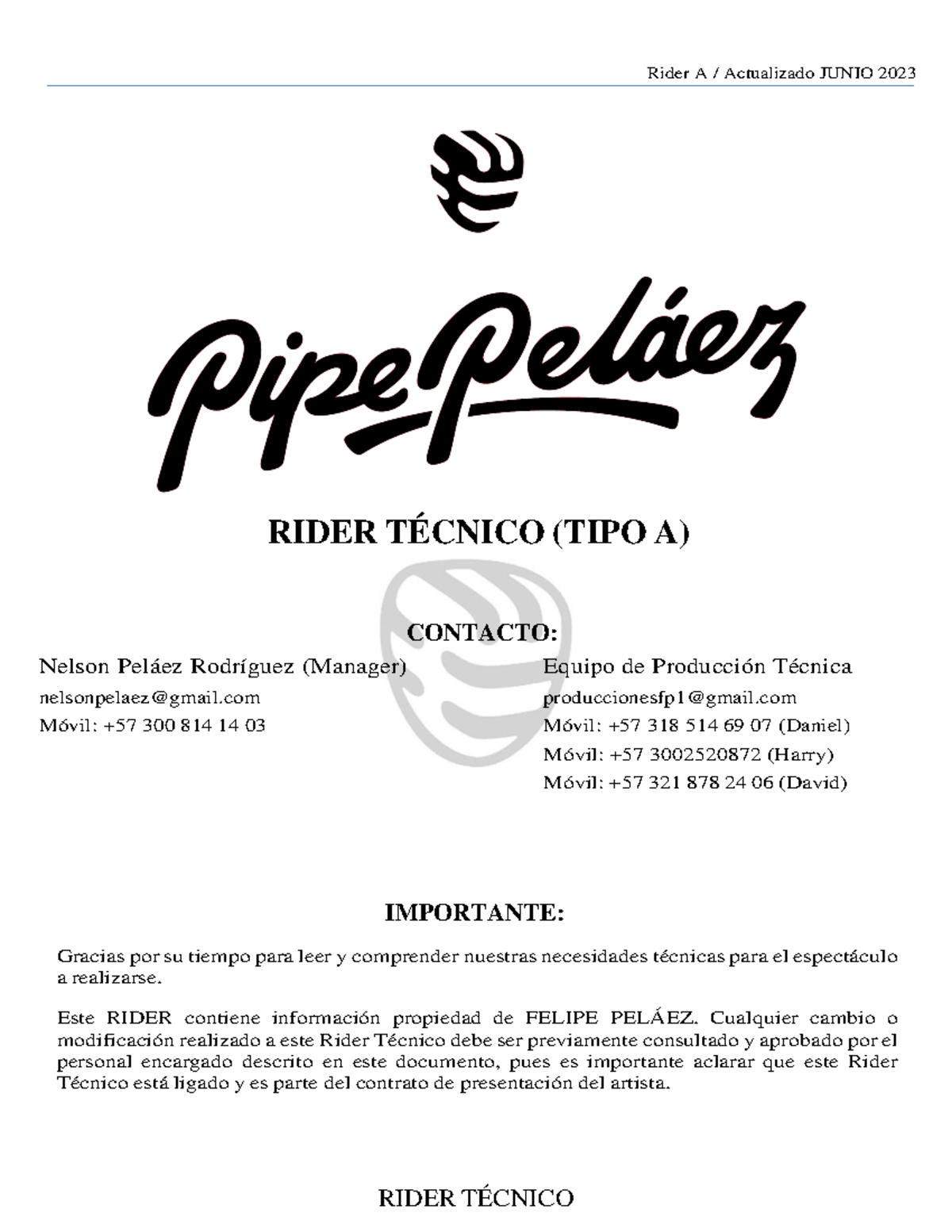 Rider FP TIPO A 06- 23 - Hhhh - RIDER TÉCNICO (TIPO A) CONTACTO: Nelson ...