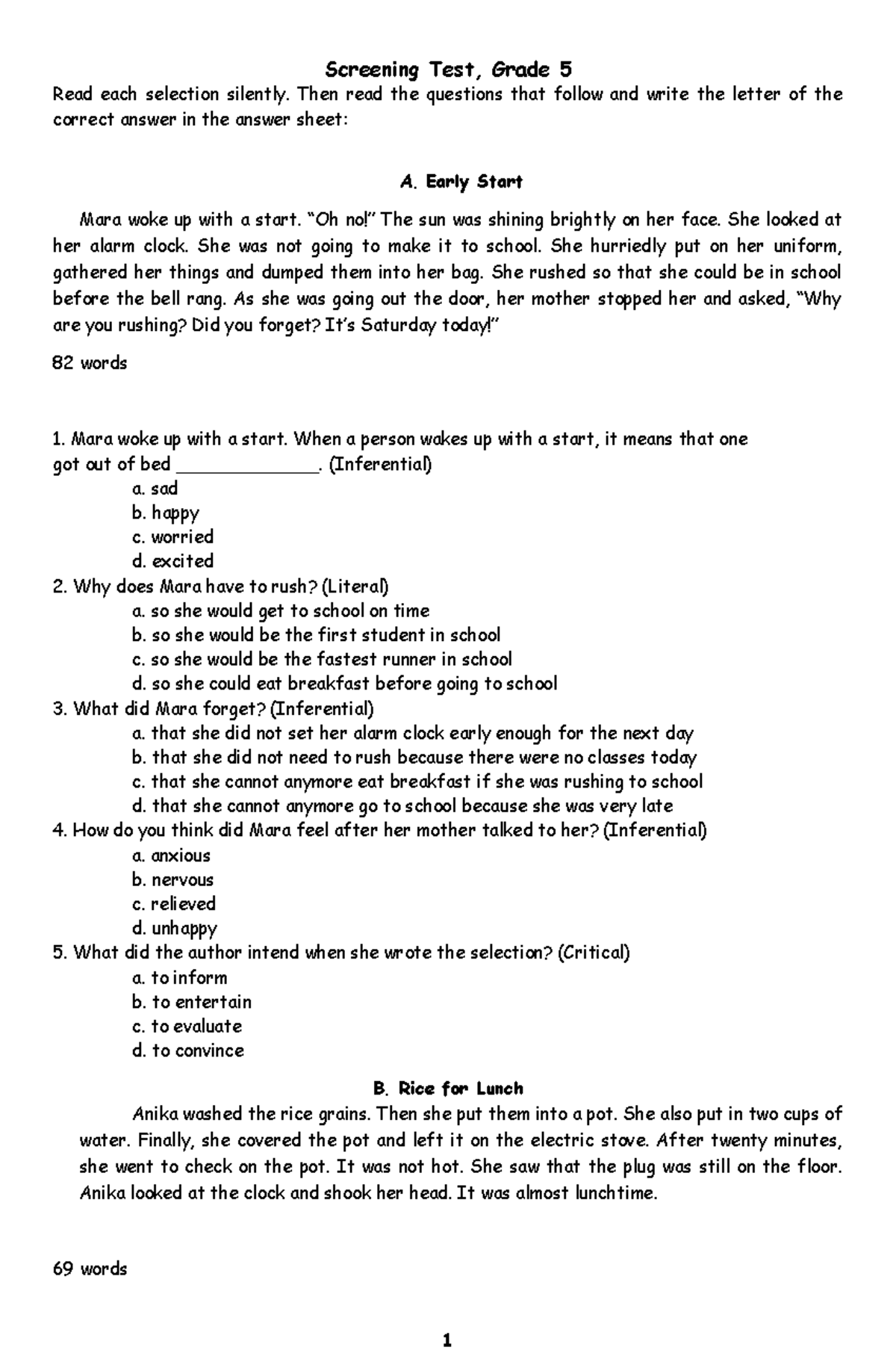 Phil-IRI GST English - daasaffafs - Screening Test, Grade 5 Read each ...