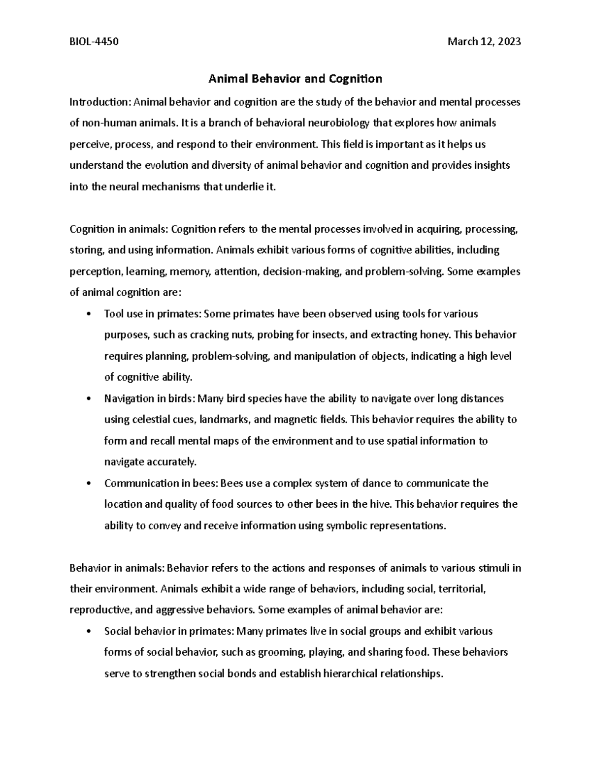 Animal behavior and cognition - It is a branch of behavioral ...