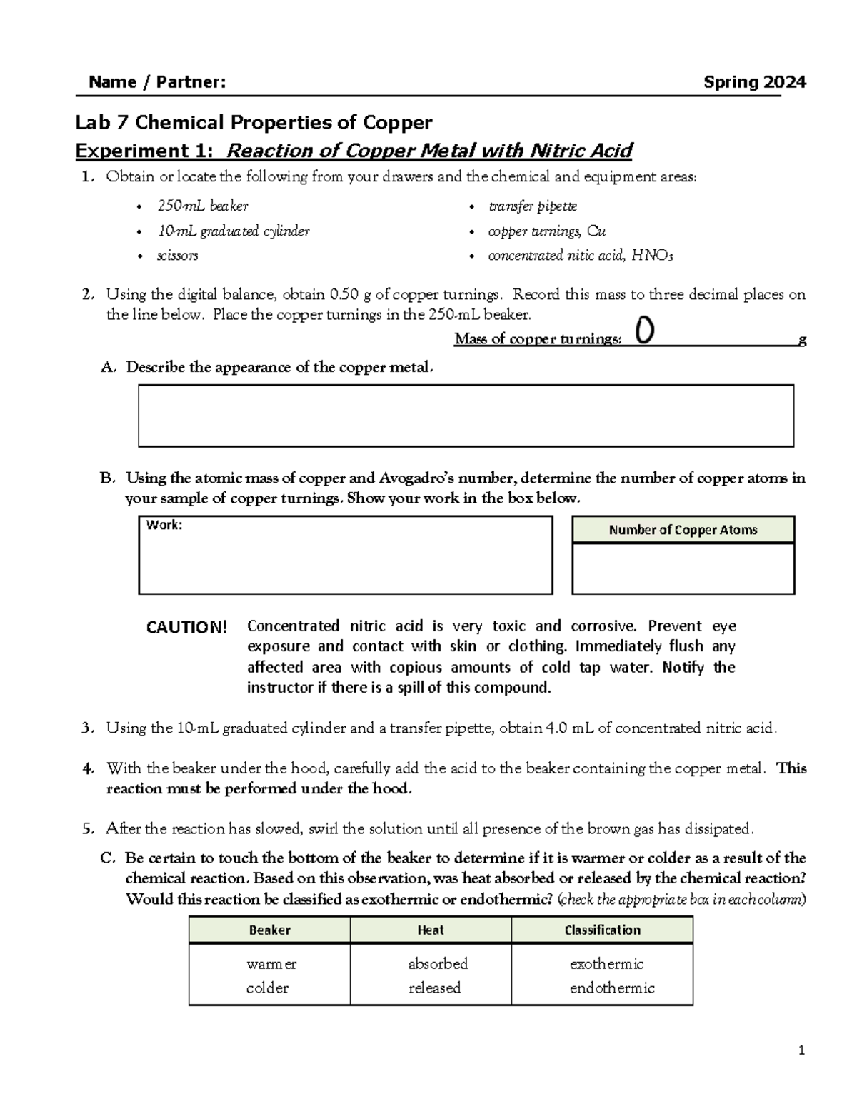 Lab07-Cu rxns-24 - Name / Partner: Spring 2024 Lab 7 Chemical ...