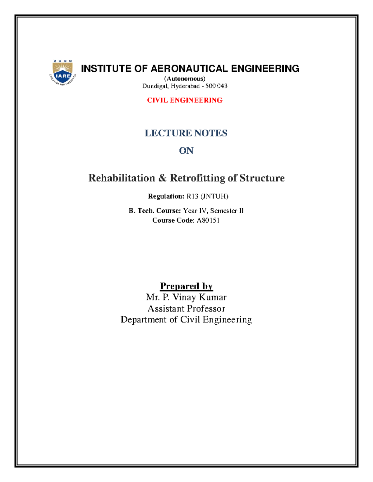 Iare Rrs Lecture Notes 0 Institute Of Aeronautical Engineering Autonomous Dundigal