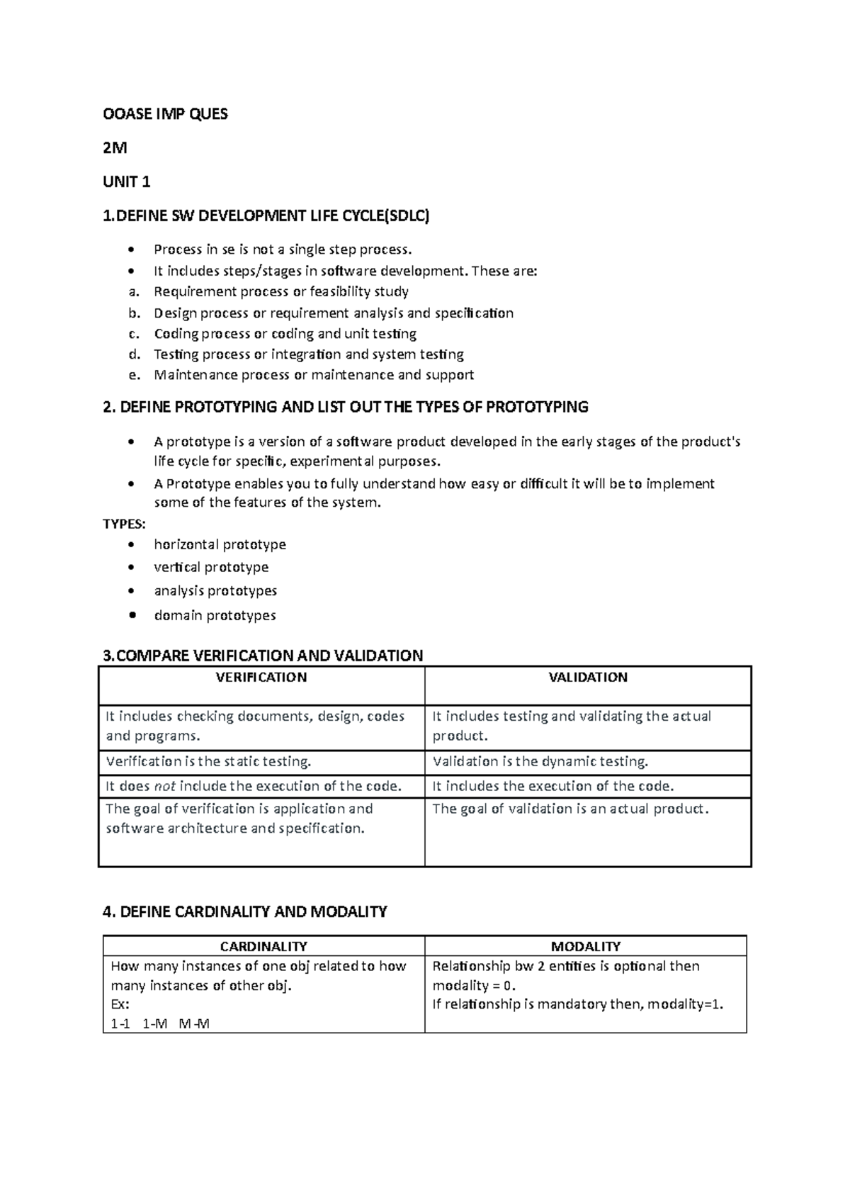Ooase IMP QUES SEM - OOASE IMP QUES 2M UNIT 1 1 SW DEVELOPMENT LIFE CYCLE(SDLC) Process in se is ...