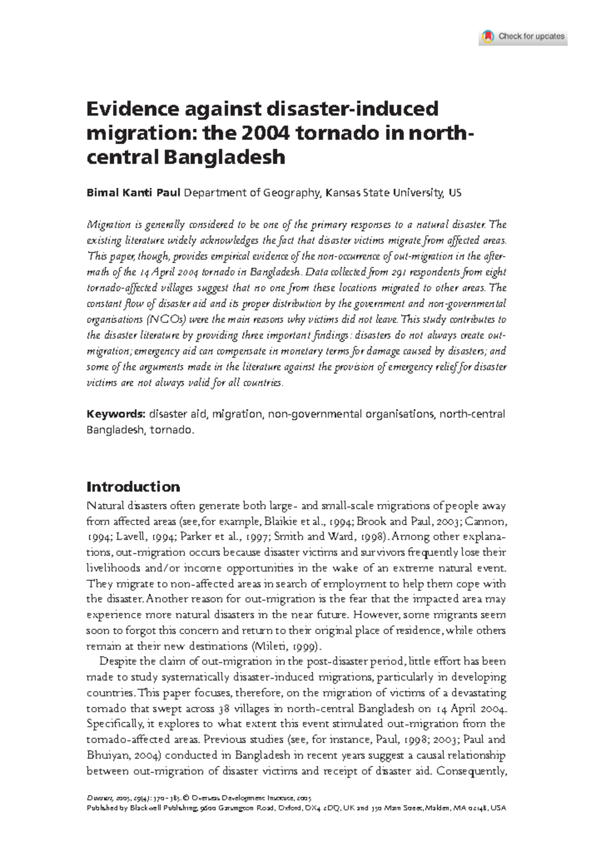 Disasters - 2005 - Paul - Evidence against disaster%E2%80%90induced ...