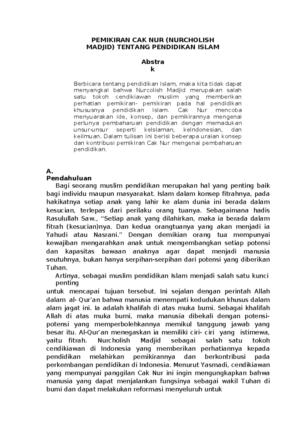 Pemikiran CAK NUR ( Nurcholish Madjid) Tentang Pendidikan Islam ...