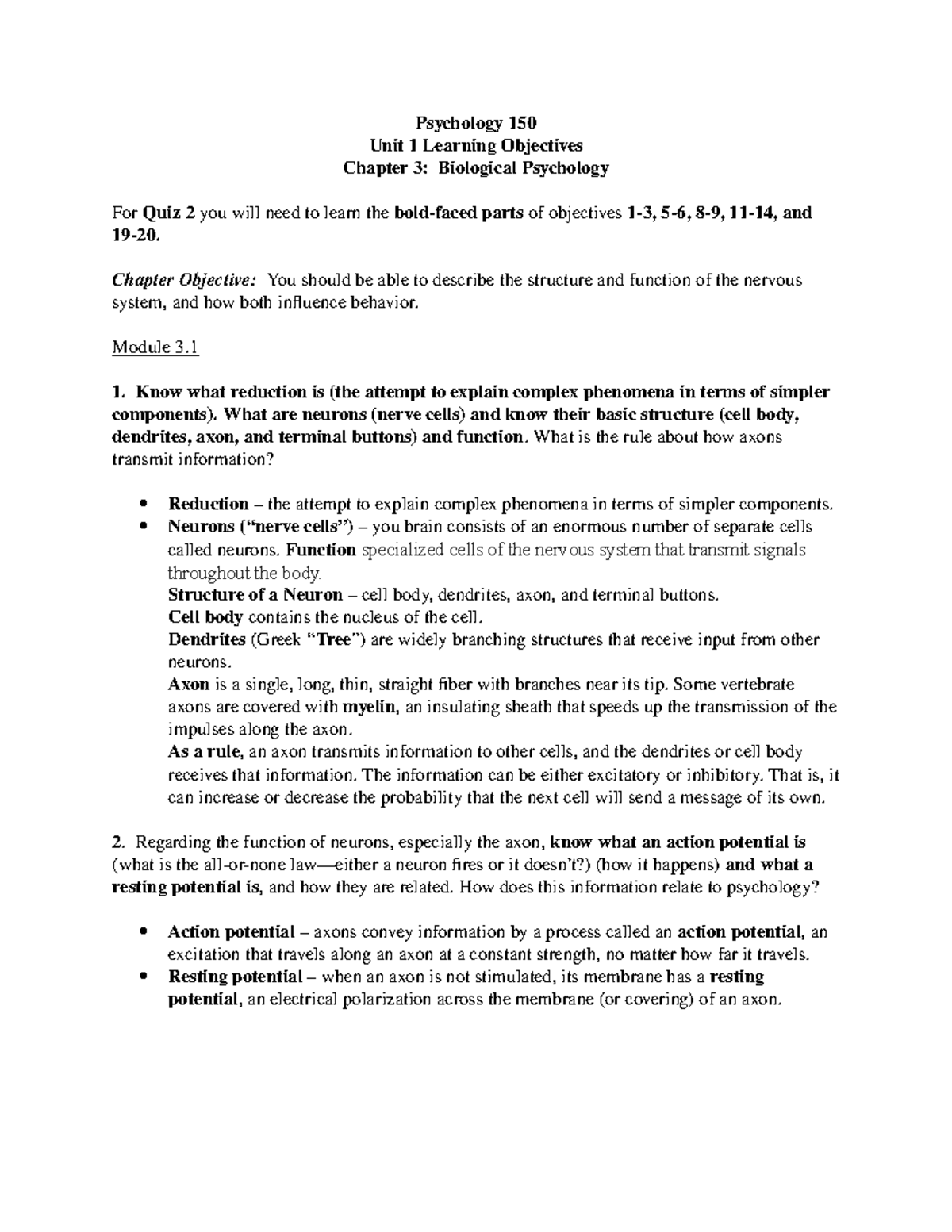 Chapter 3 - lectures notes - Psychology 150 Unit 1 Learning Objectives ...