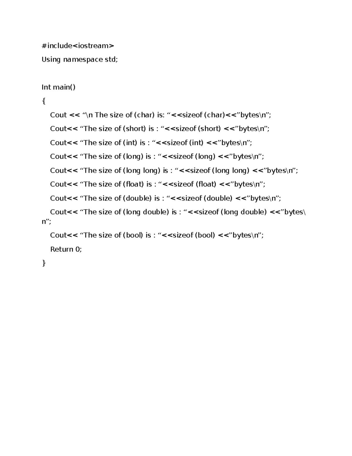 Find Size of fundamental data types - #include Using namespace std; Int main() { - Studocu