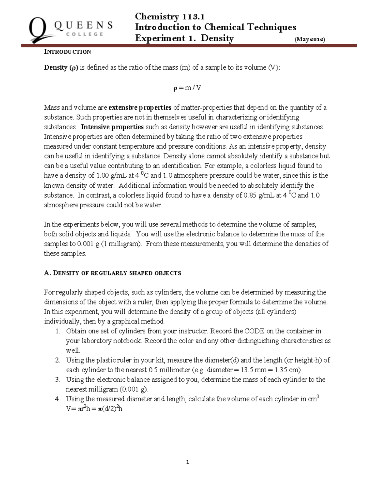 Experiments 1-3 CH 113 - Chemistry 113 Introduction to Chemical ...