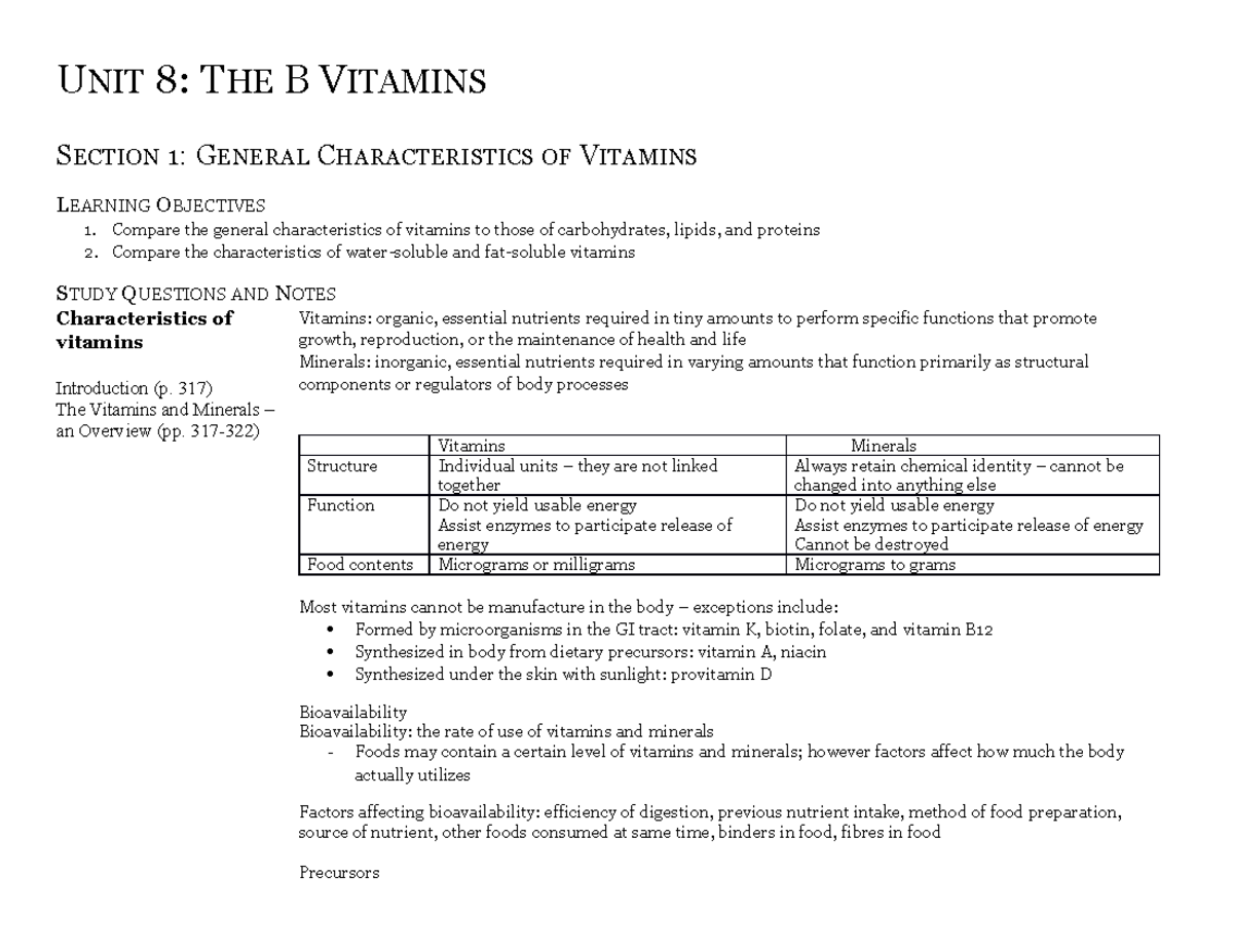 Unit 8 - Learning Objectives and Notes for chapter of nutrition course ...