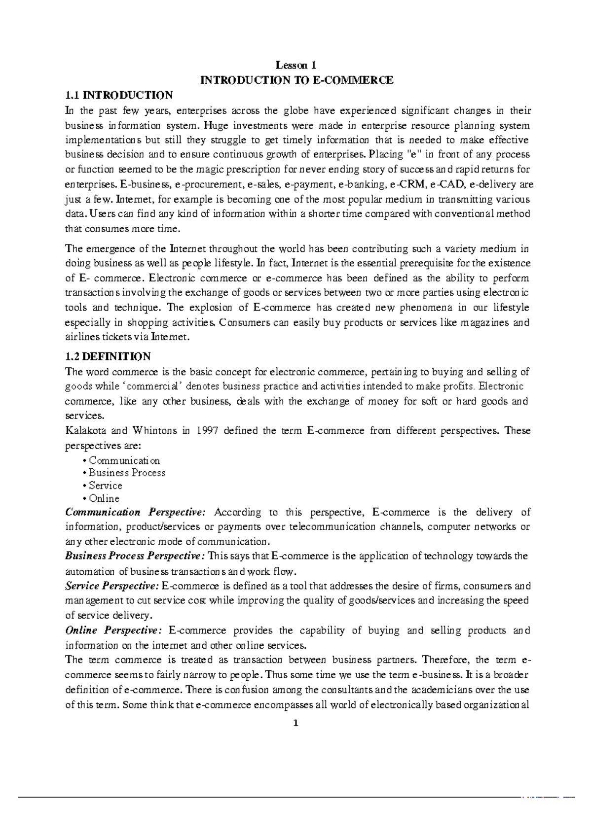 E-commerce-notes - Lesson 1 INTRODUCTION TO E-COMMERCE 1 INTRODUCTION ...