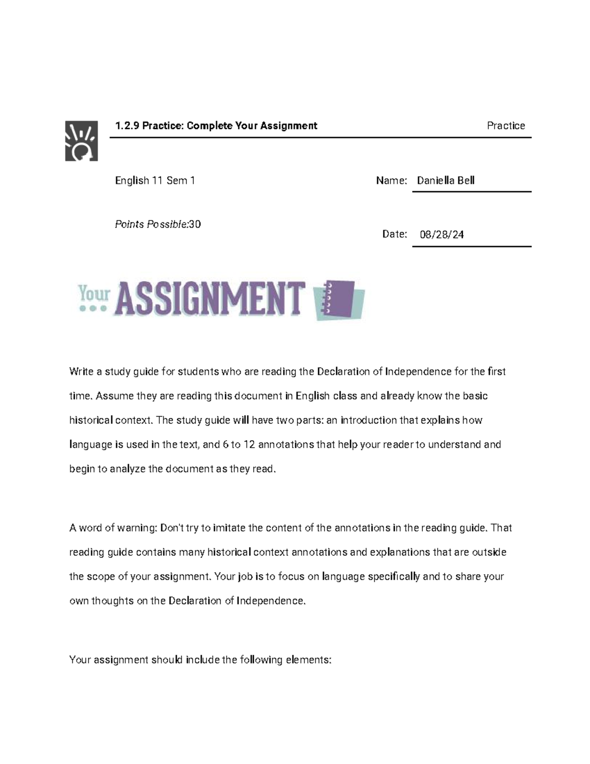 1.2.9 Practice - English 11 sem1 - 1.2 Practice: Complete Your ...